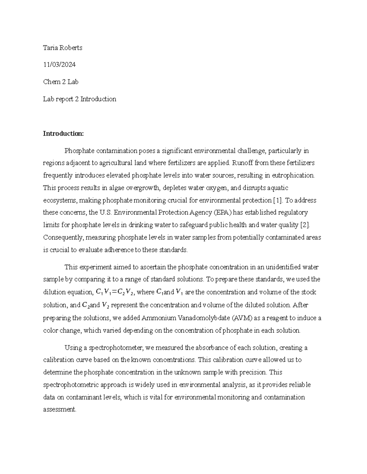 Taria Roberts- lab report 2 - Taria Roberts 11/03/ Chem 2 Lab Lab ...