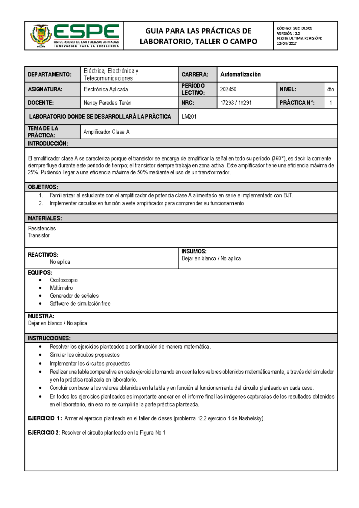 LAB11 Amp Clase A - Labo primero - GUIA PARA LAS PRÁCTICAS DE ...