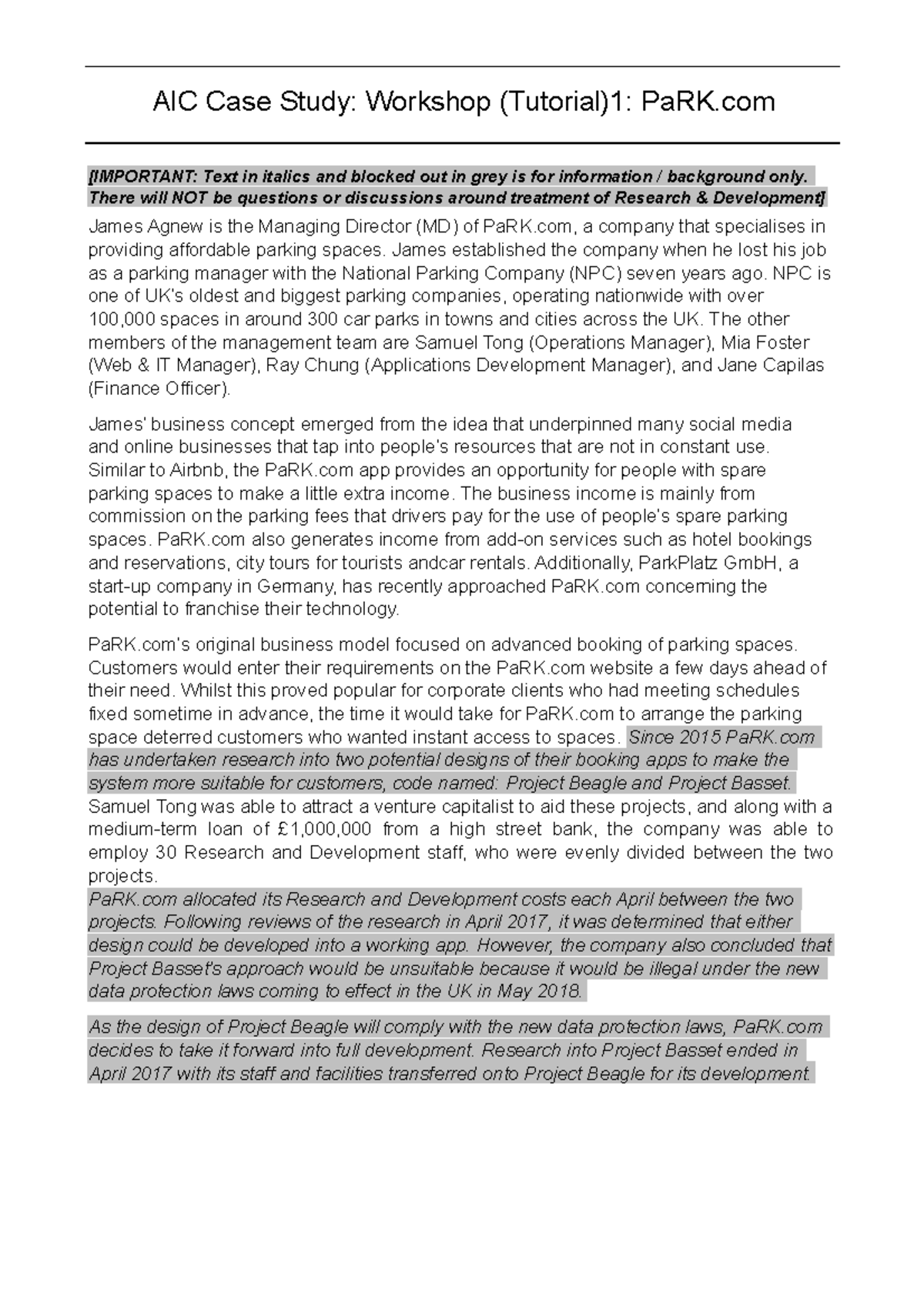 Park Case Study - Feb 22 - AIC - AIC Case Study: Workshop (Tutorial)1 ...