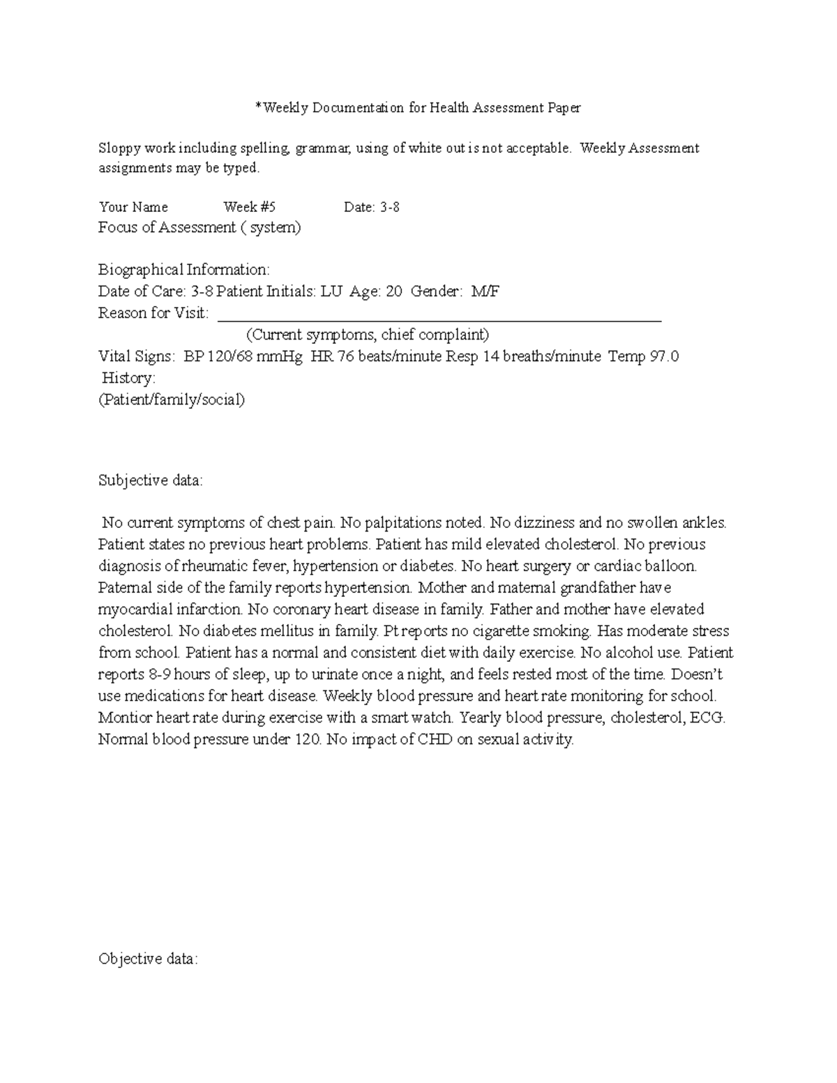 Weekly Documentation for Health Assessment Paper 3-8 cardiac - *Weekly ...