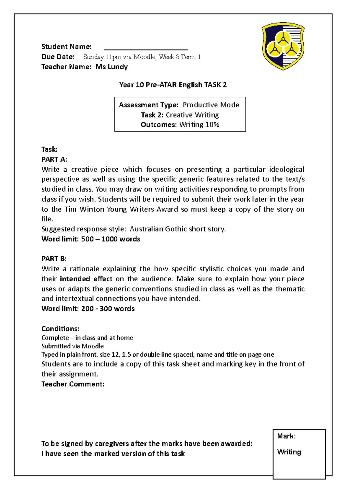 Task 2 Creative Writing - Assessment Type: Productive Mode Task 2 ...