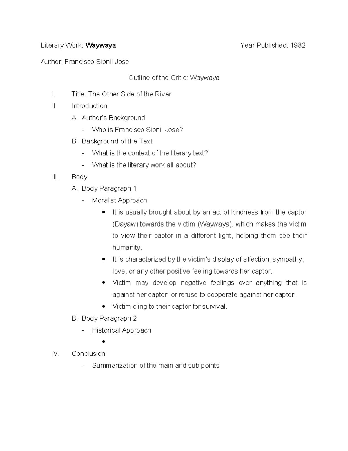 Outline - SWALA - Literary Work: Waywaya Year Published: 1982 Author ...