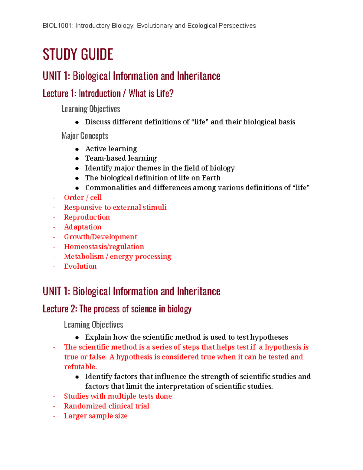 BIOL- Exam 1 study guide - BIOL1001: Introductory Biology: Evolutionary ...