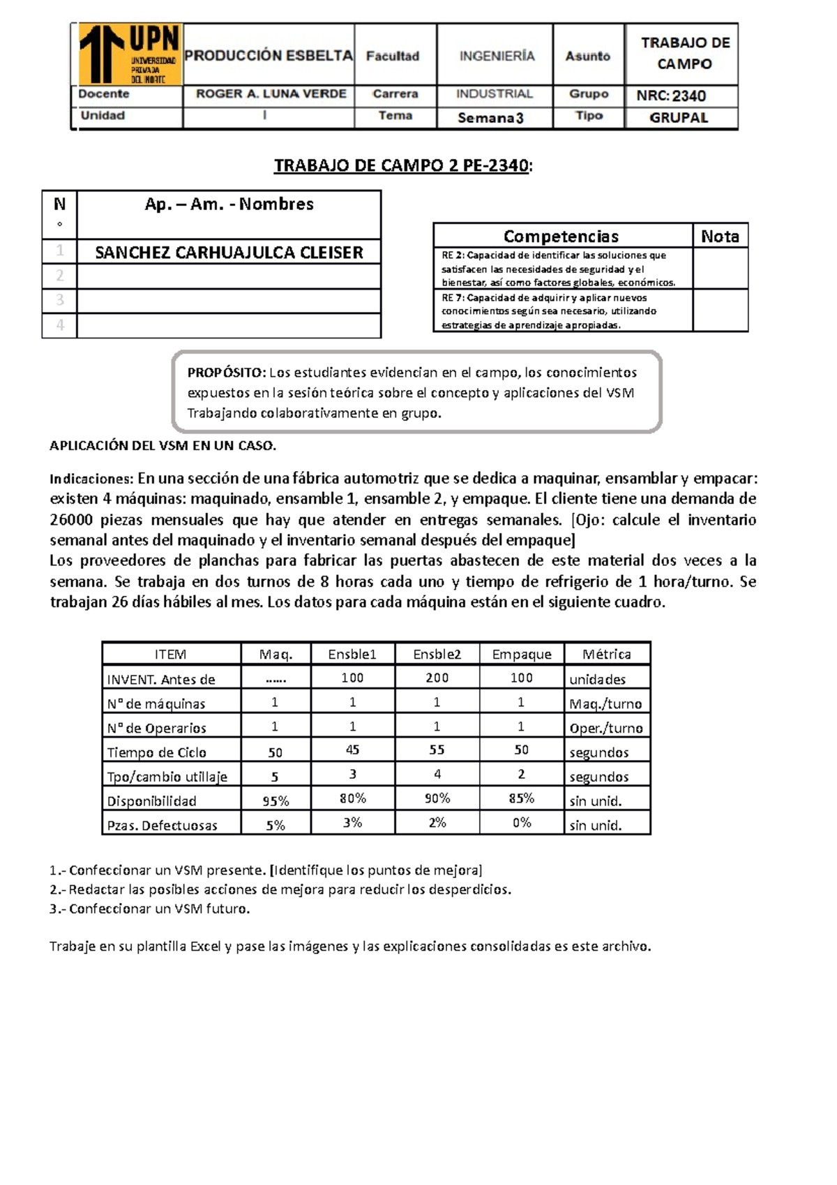 Trabajo de campo 2 - tarea - TRABAJO DE CAMPO 2 PE-2340: N ° Ap. – Am ...