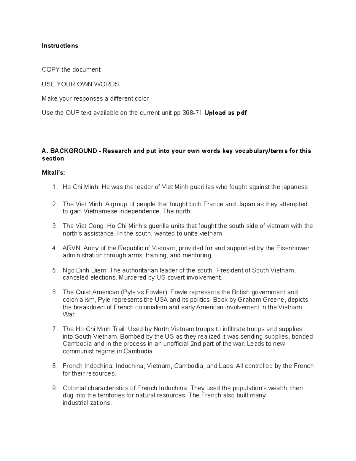 IB 20C History U4 L5.1 Vietnam Guided Reading - Instructions COPY the ...