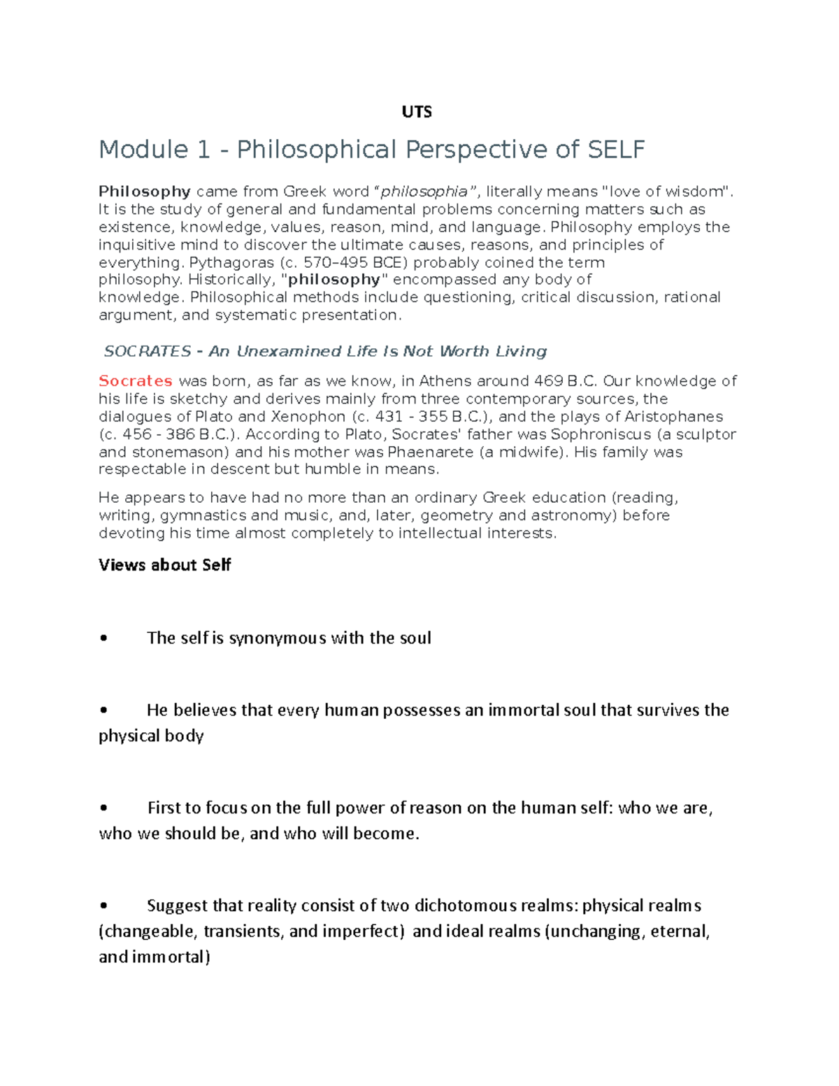 UTS Napakahabang Reviewr - UTS Module 1 - Philosophical Perspective of SELF Philosophy came from ...