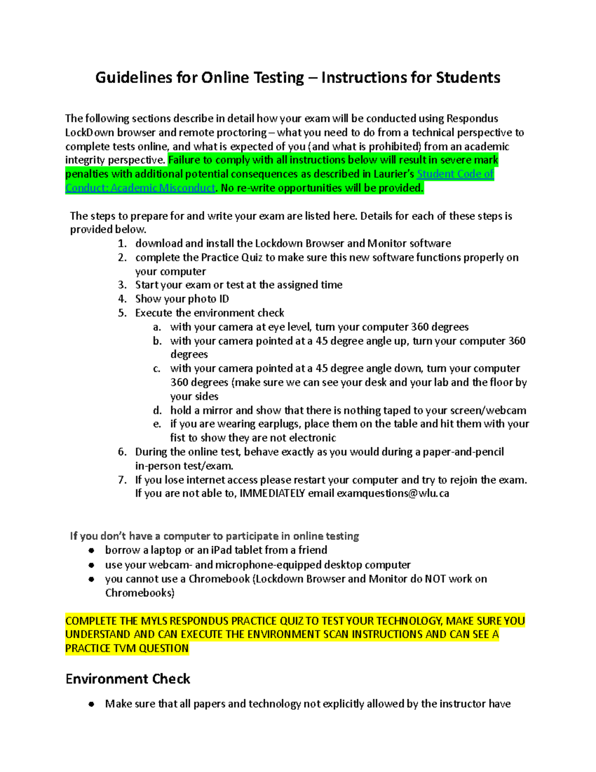 Guidelines for Online Testing - Instructions for Students - Failure to ...