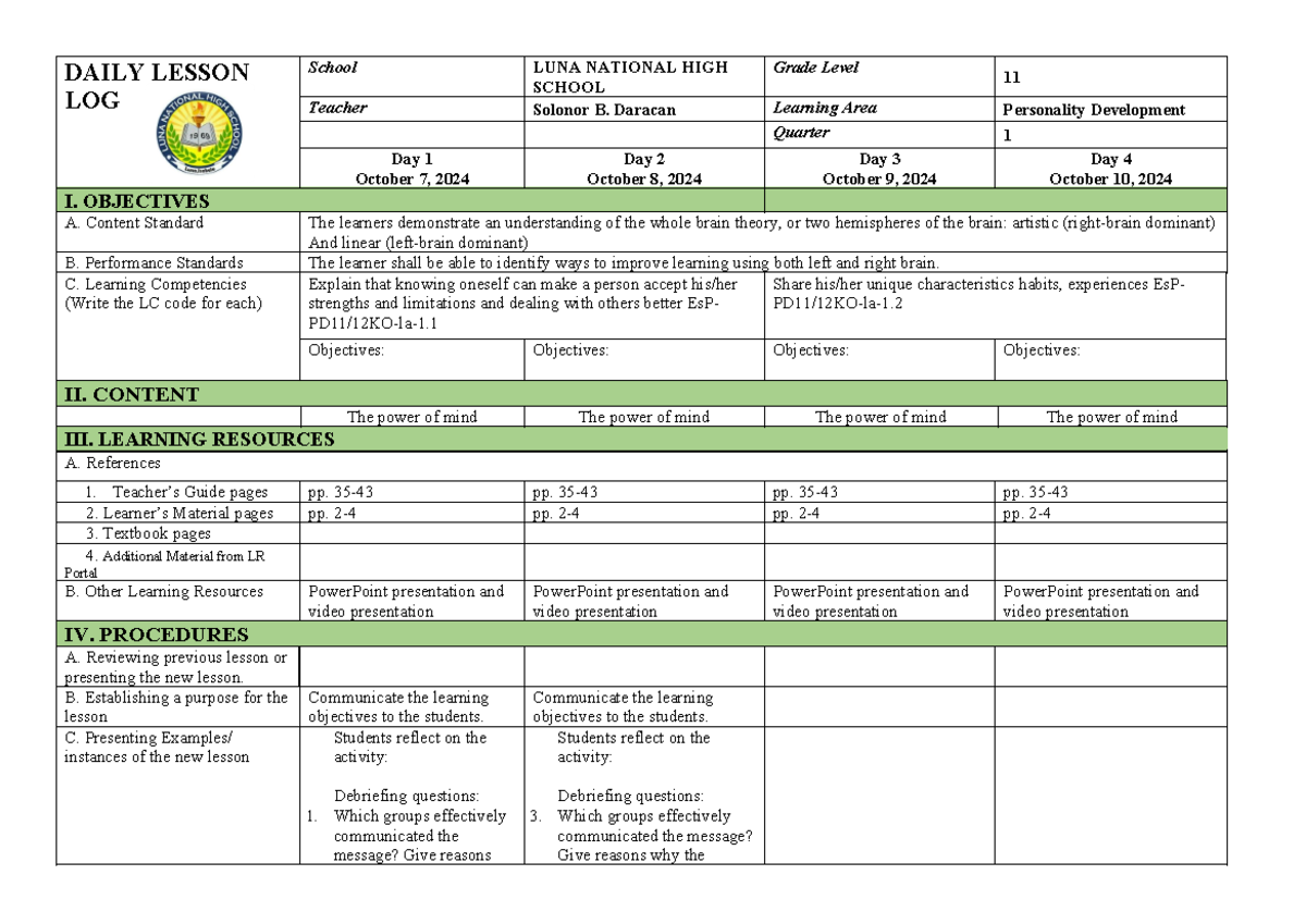 DLL - dll - DAILY LESSON LOG School LUNA NATIONAL HIGH SCHOOL Grade ...