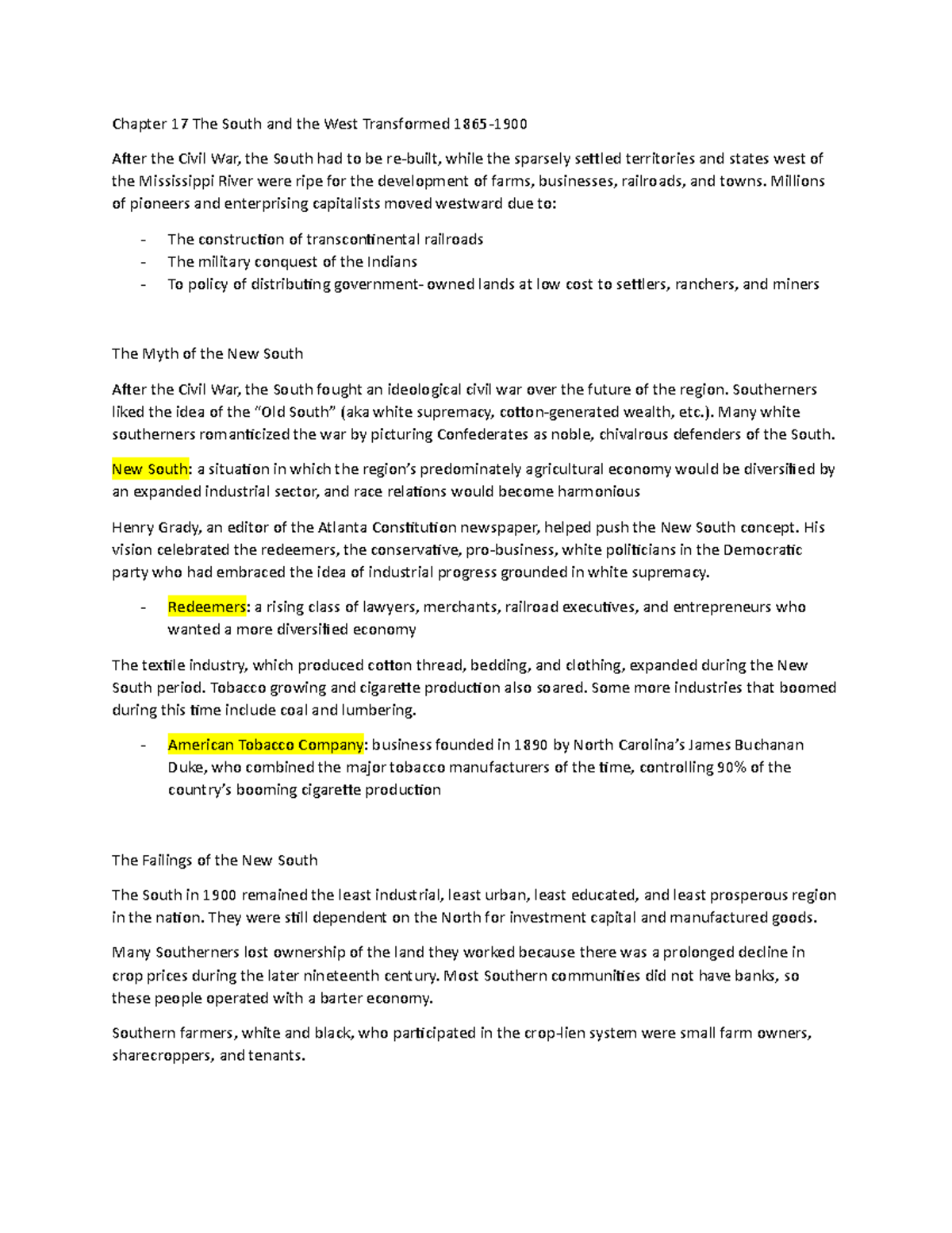 Chapter 17 The South and the West Transformed 1865 - Chapter 17 The ...