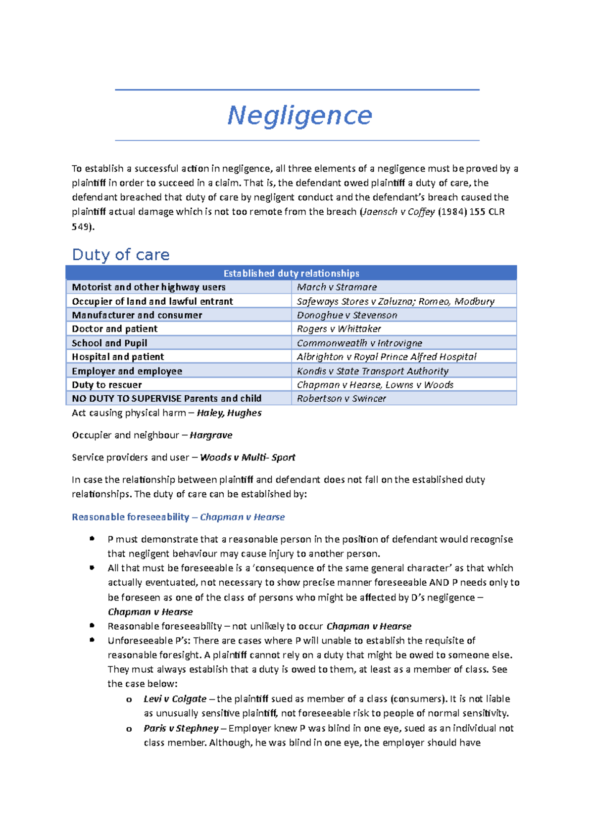 Negligence - Negligence To establish a successful action in negligence ...