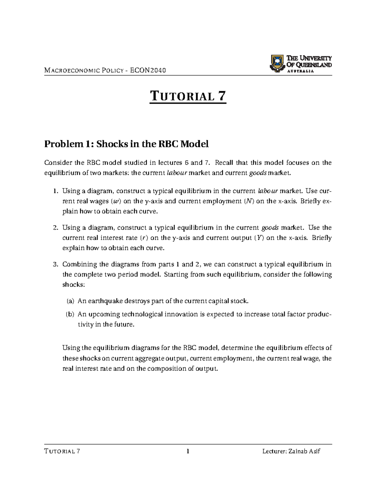 Tutorial 7 Week 8 Macroeconomic Policy Econ Tutorial 7 Problem 1 Shocks In The Rbc Model