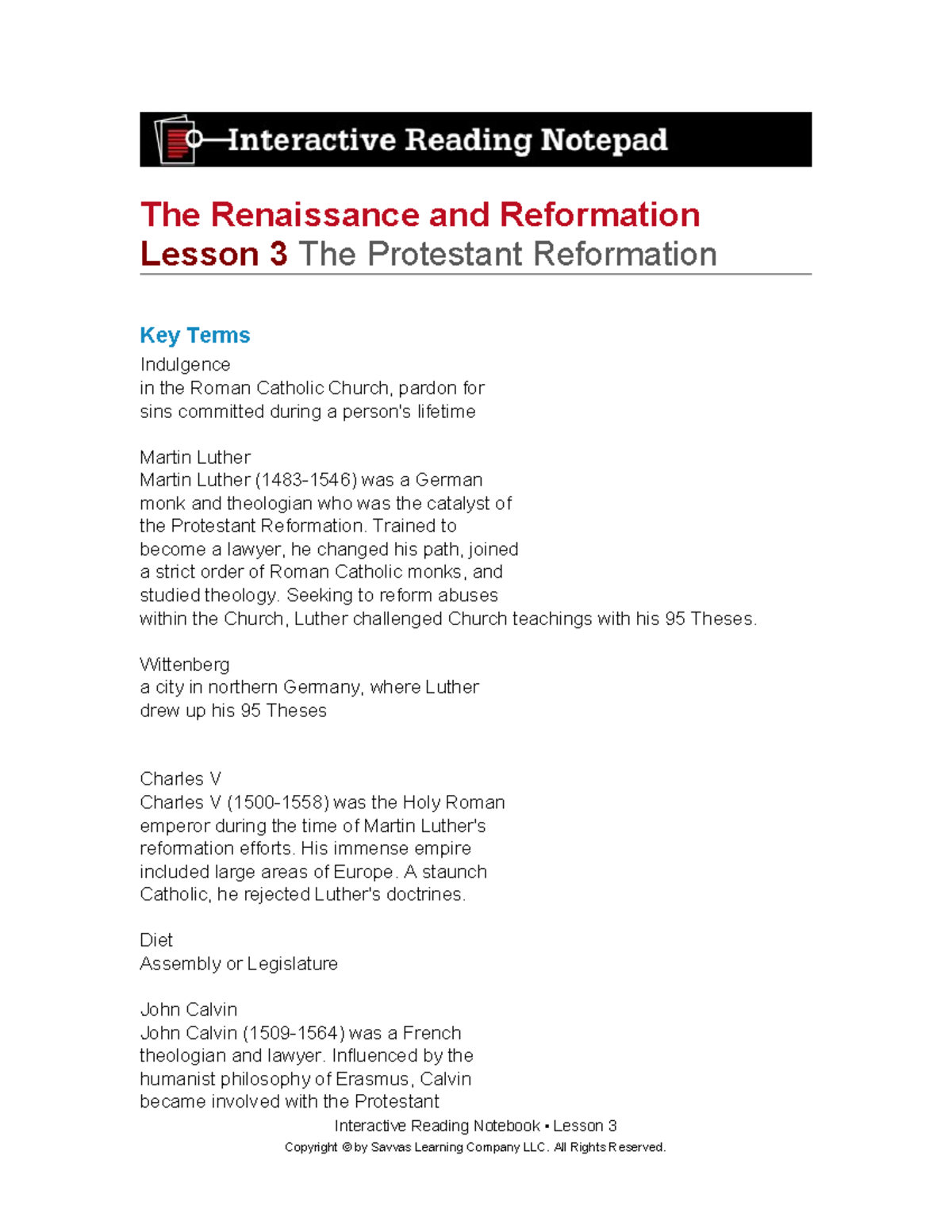 4.3 Notepad - The Renaissance and Reformation Lesson 3 The Protestant ...