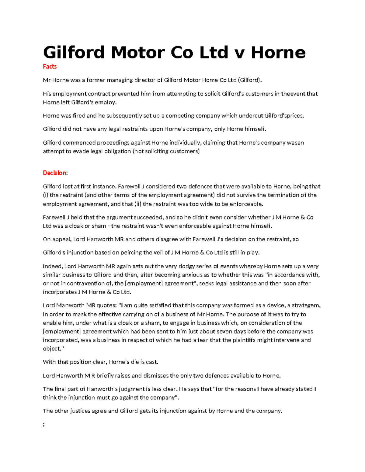 Cases 2 - Practice - Gilford Motor Co Ltd v Horne Facts Mr Horne was a ...