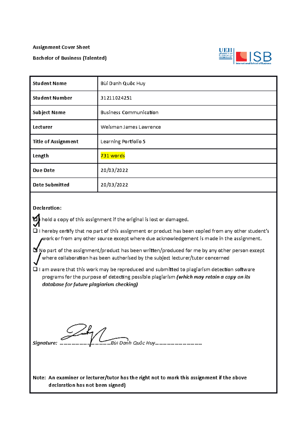 LP5 - Bùi Danh Quốc Huy - 31211024251 - Assignment Cover Sheet Bachelor ...