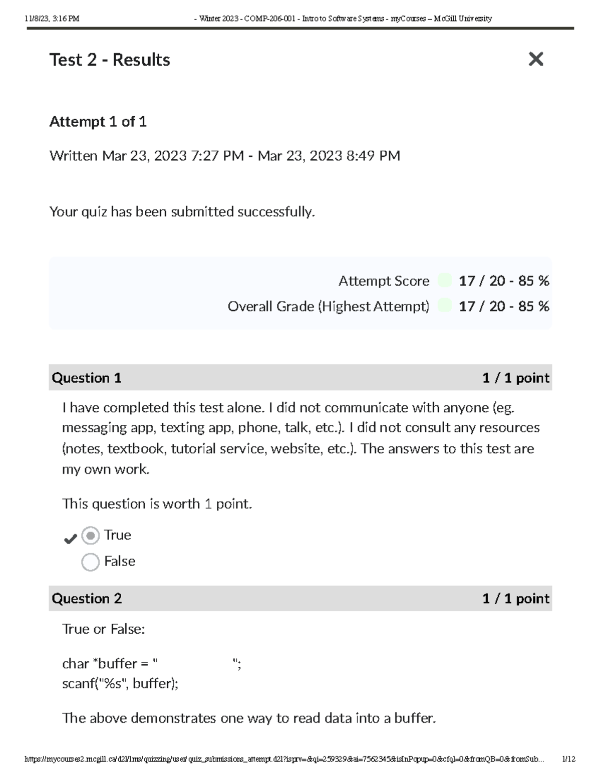 Midterm 2 - Attempt with Answers - Test 2 - Results Attempt 1 of 1 ...