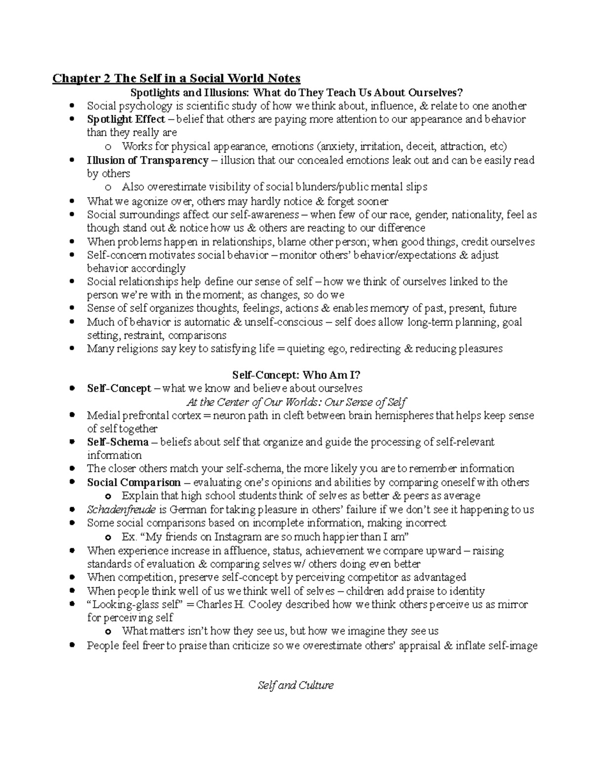 Chapter 2 The Self in a Social World Notes - “My friends on Instagram ...