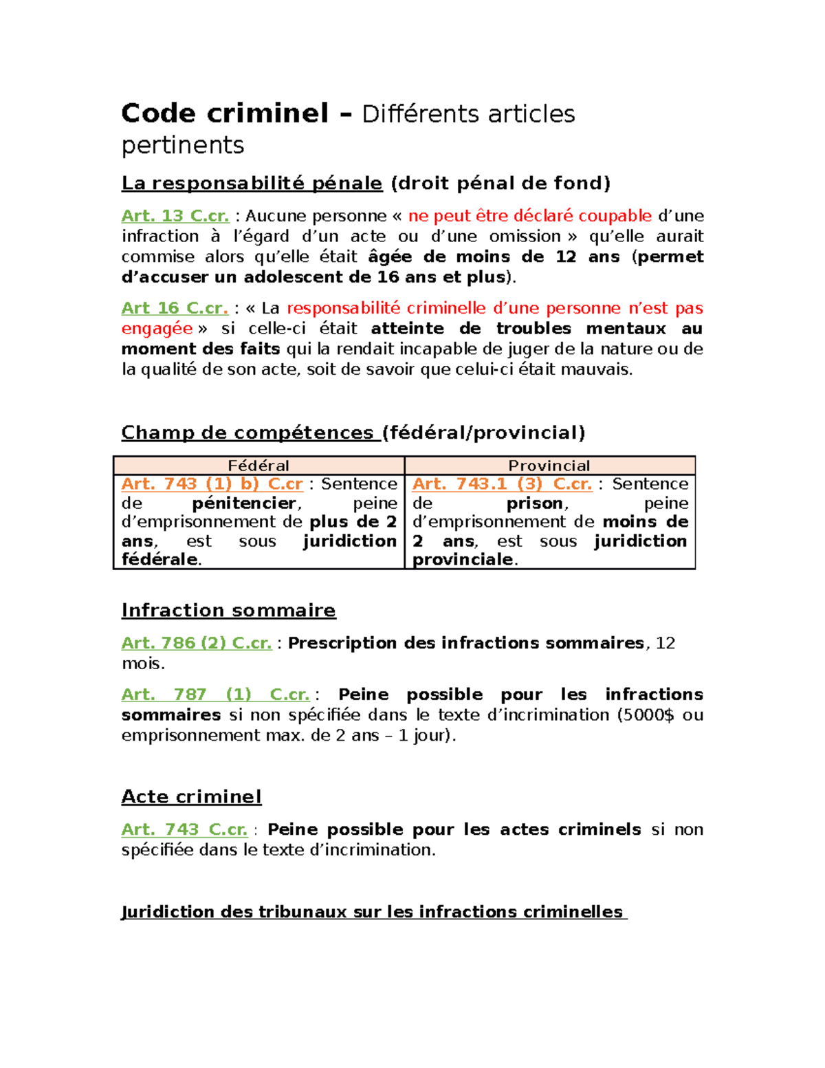 Code-criminel - Art. important à retenir pour l'examen - Code criminel ...