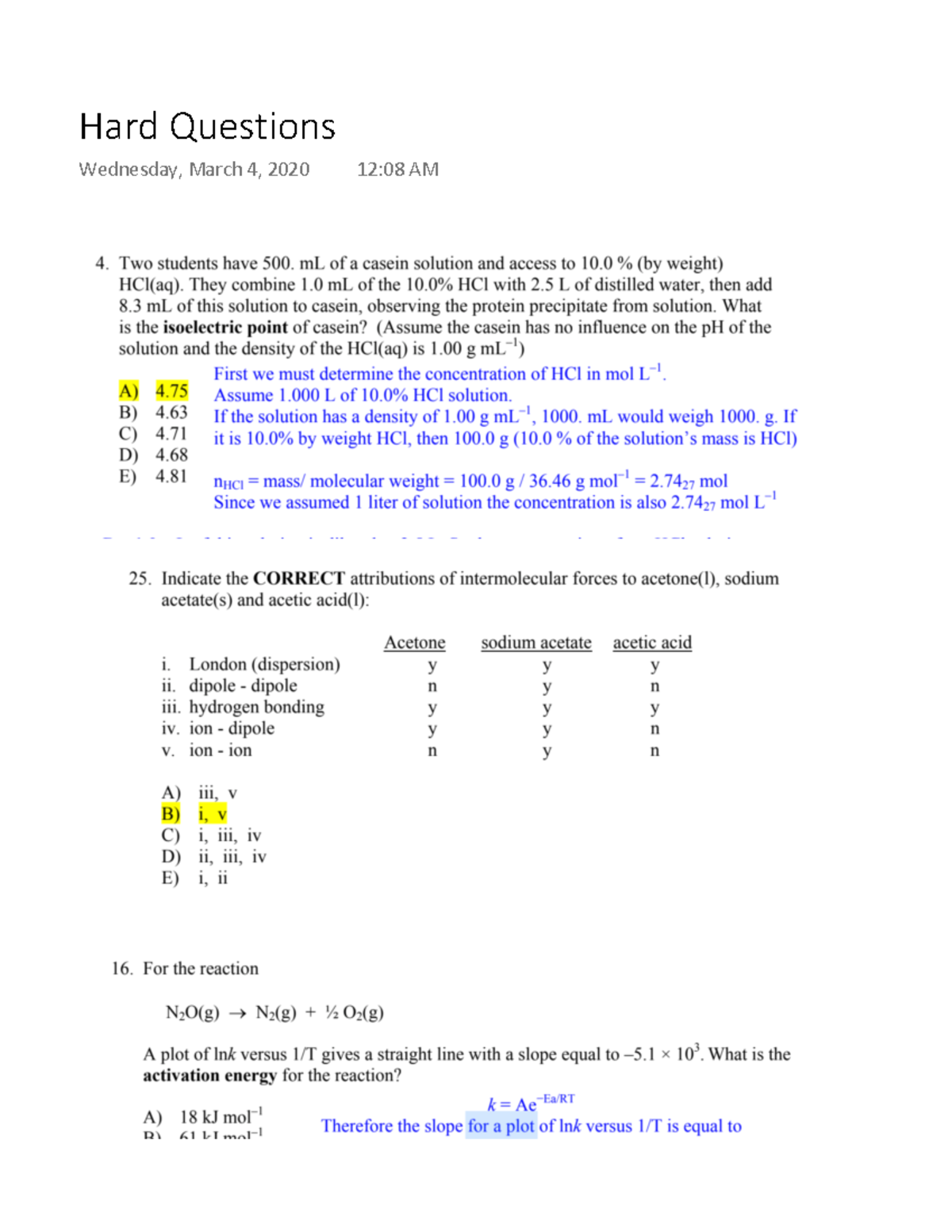 Hard Questions Midterm 2 - Chem 1Aa3 - Hard Questions Wednesday, March ...