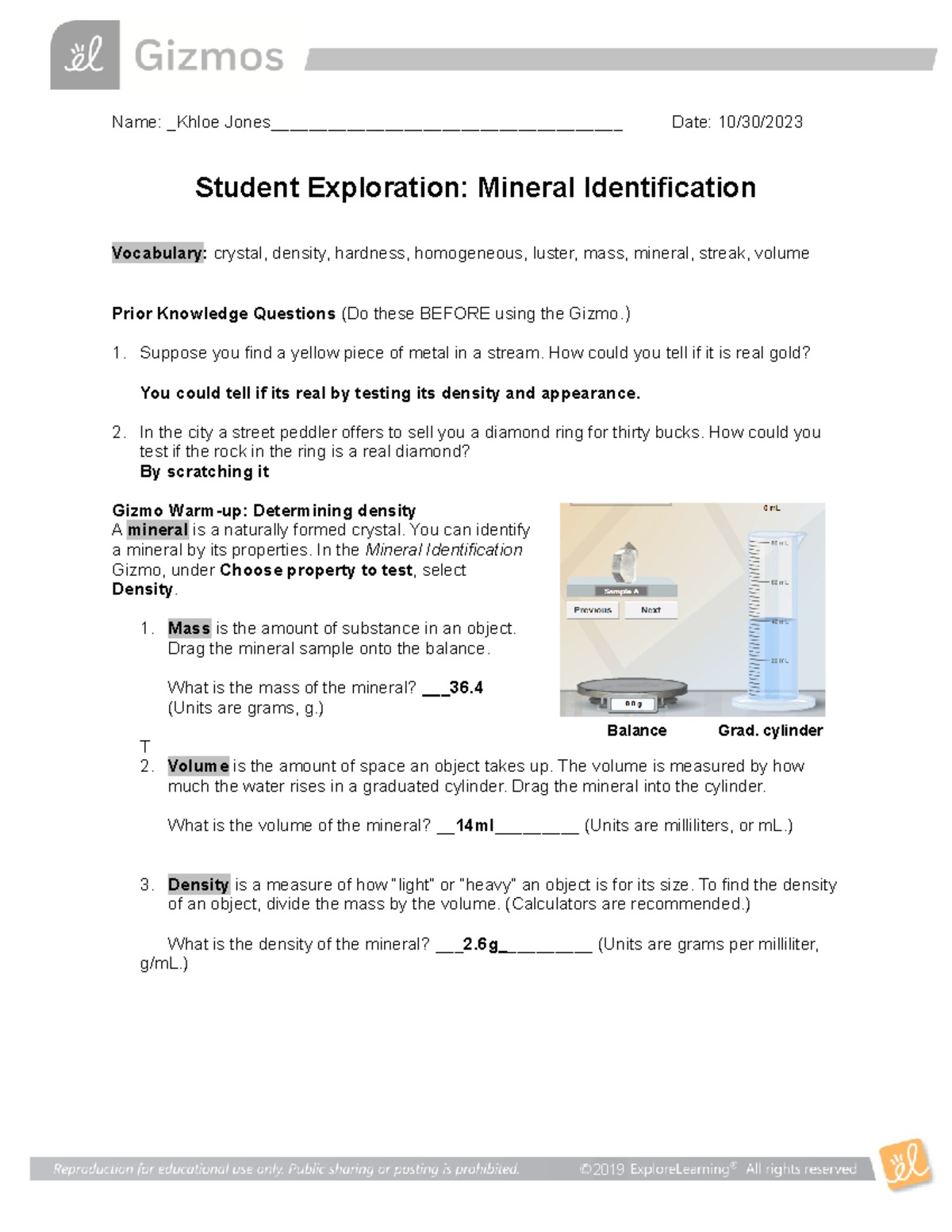 Mineral Identification SE - Name: Khloe Jones ...