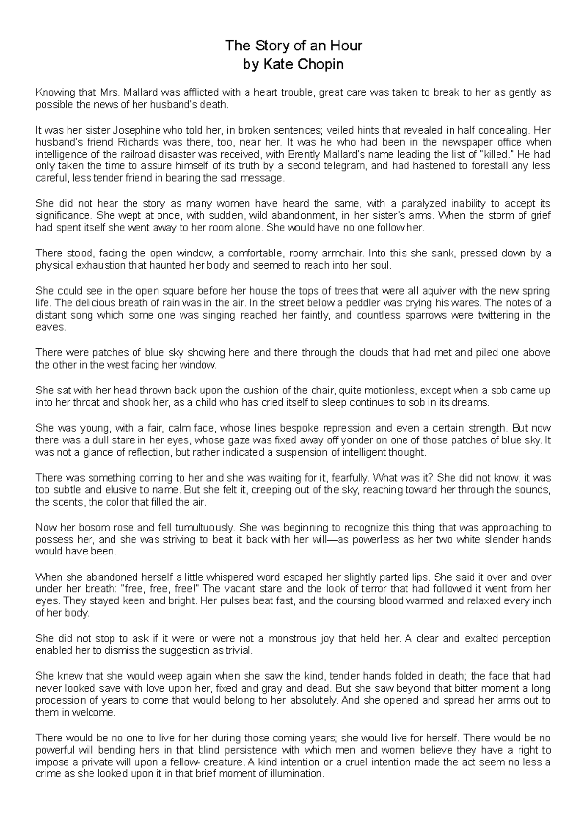 The Story of an Hour - Major in English - The Story of an Hour by Kate ...