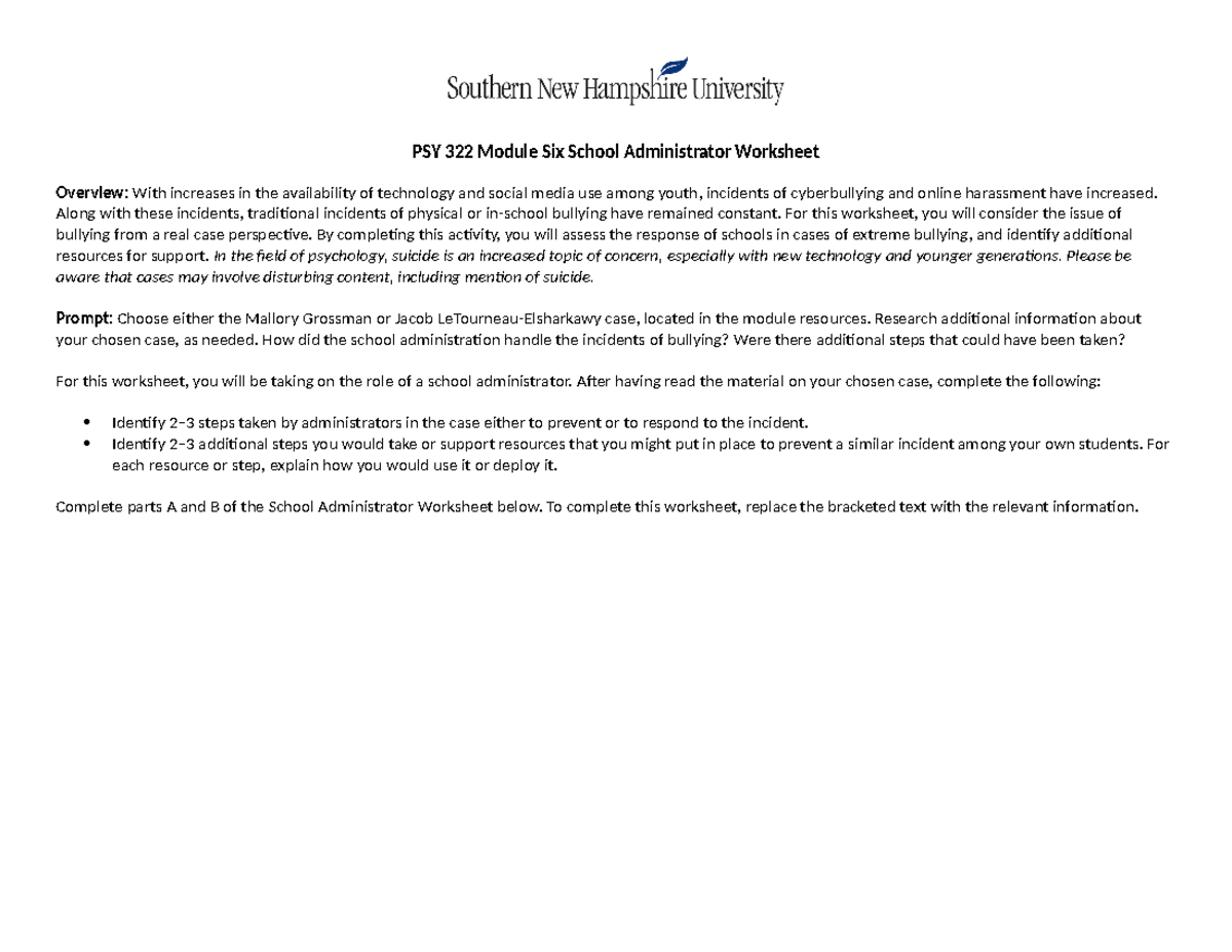 Module Six Worksheet - PSY 322 Module Six School Administrator ...