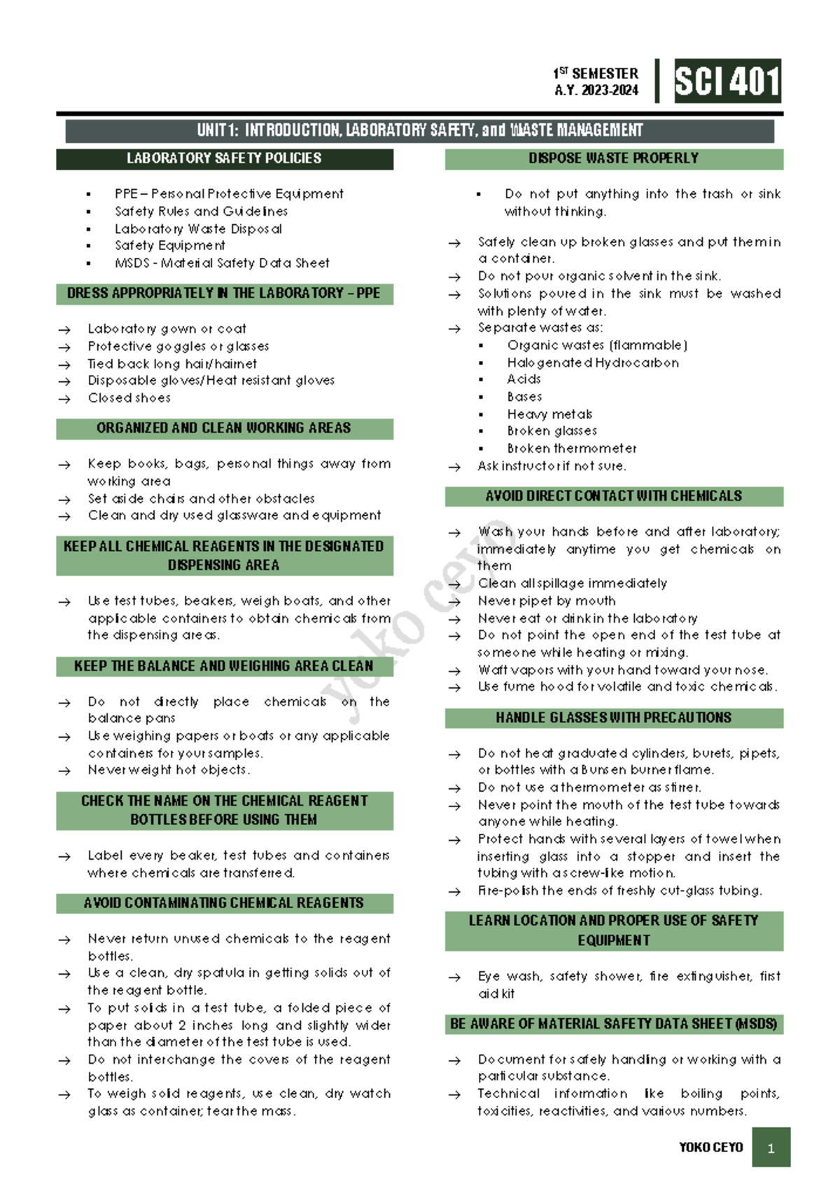 General Chemistry Midterm notes - SCI 401 A. 202 3 - 2024 UNIT 1 ...