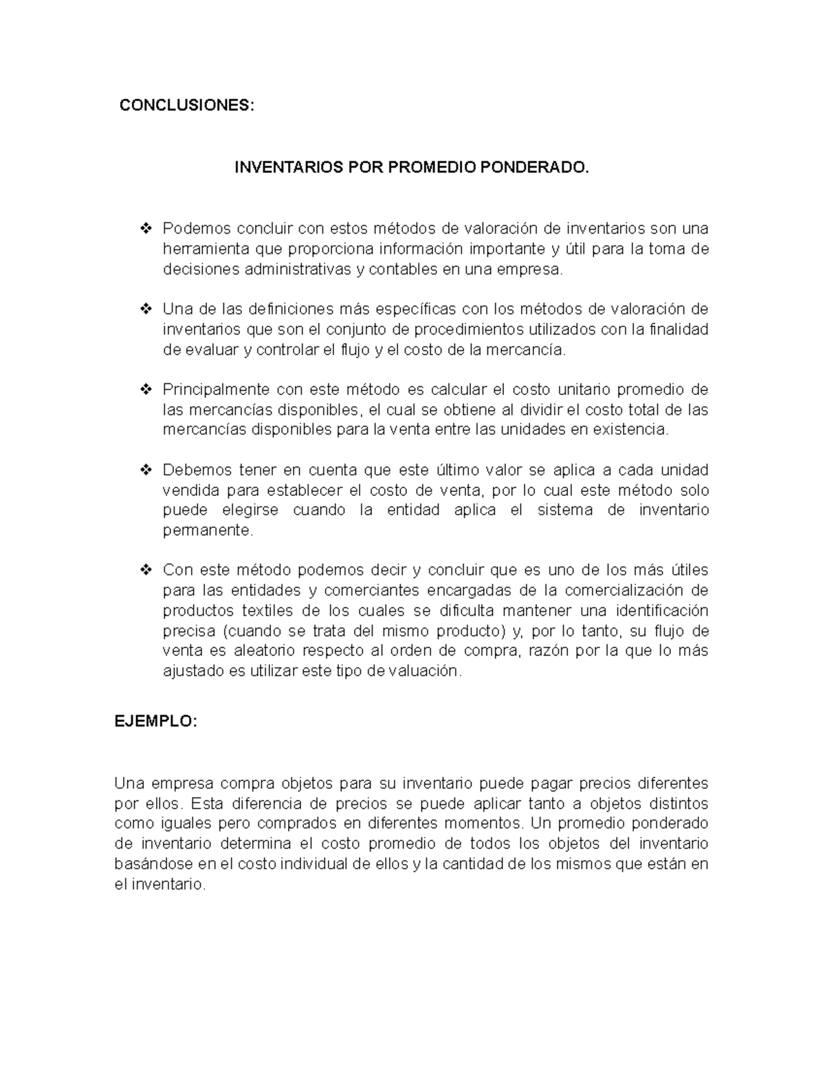 Conclusiones en la valoración de los inventarios por promedio ponderado ...