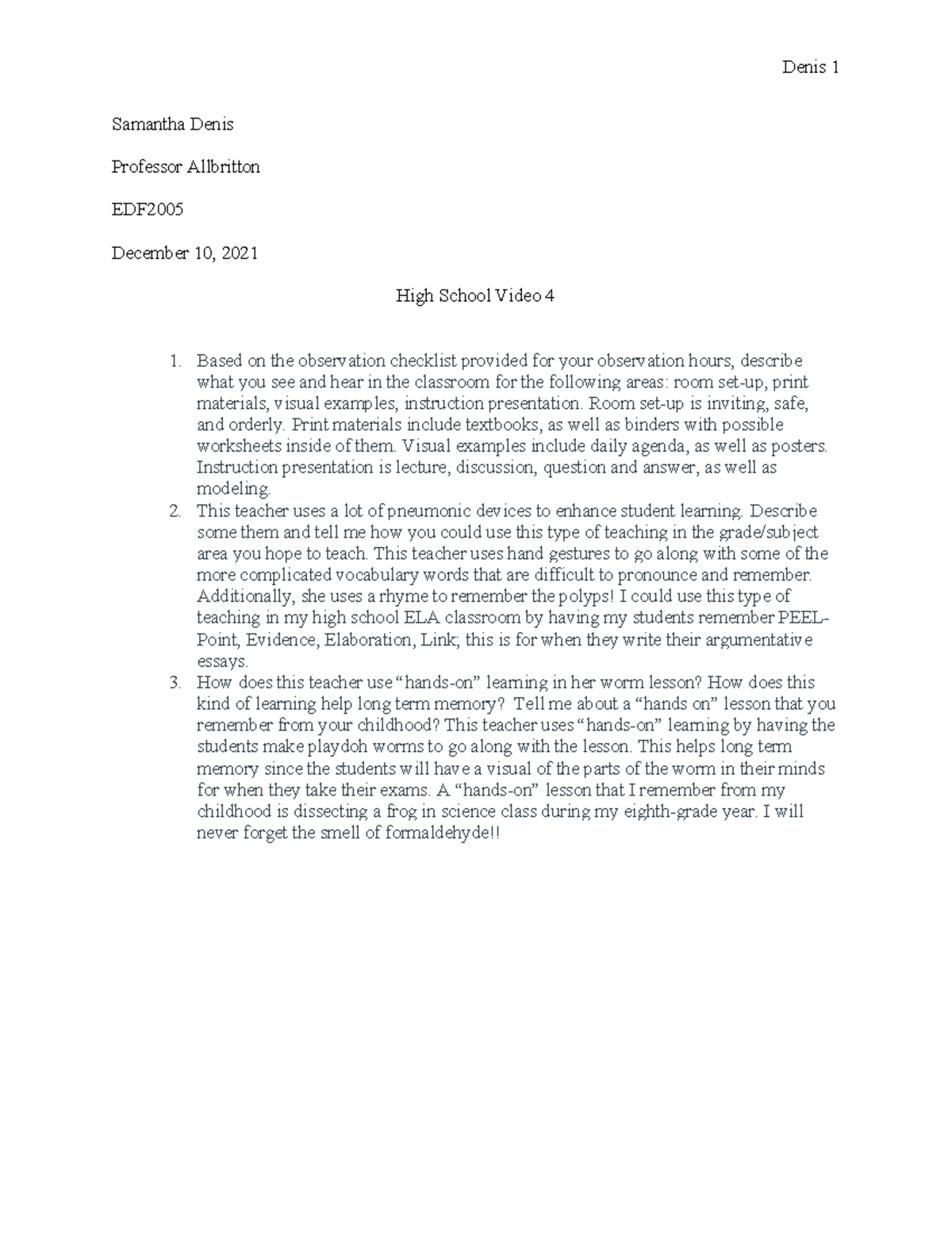 High School Video 4 - Denis 1 Samantha Denis Professor Allbritton EDF ...