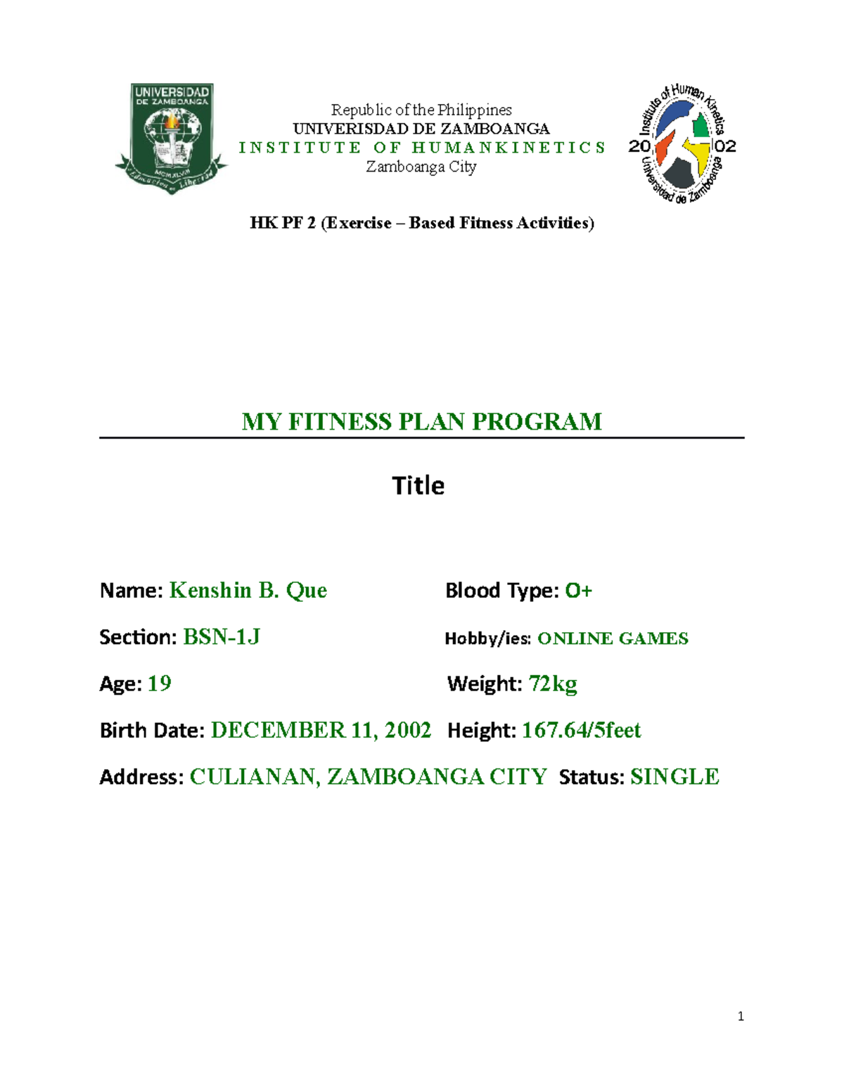 FITT PLAN Program Format 1 - Republic of the Philippines UNIVERISDAD DE ...