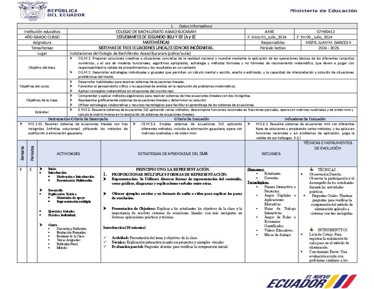 1. Planificacion Matematicas JUAN 1ero - 1. Datos informativos ...