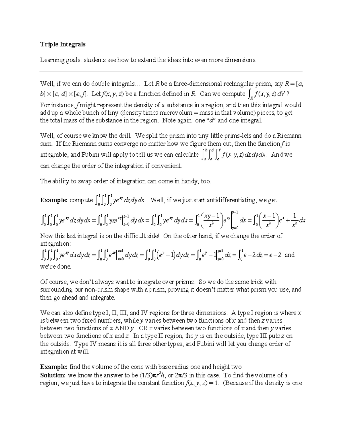 Notes 46-Triple Integrals - Triple Integrals Learning goals: students ...