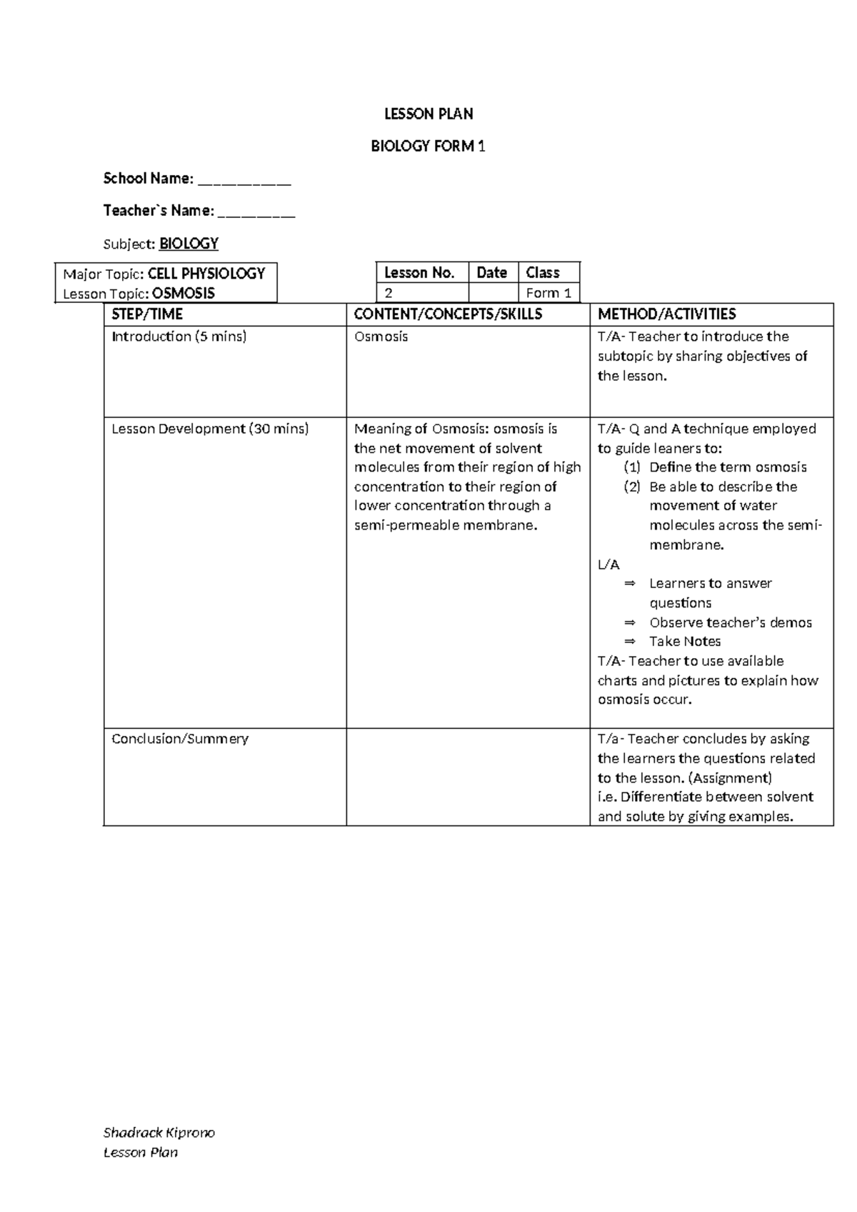 Lesson PLAN Biology F1 - LESSON PLAN BIOLOGY FORM 1 School Name ...