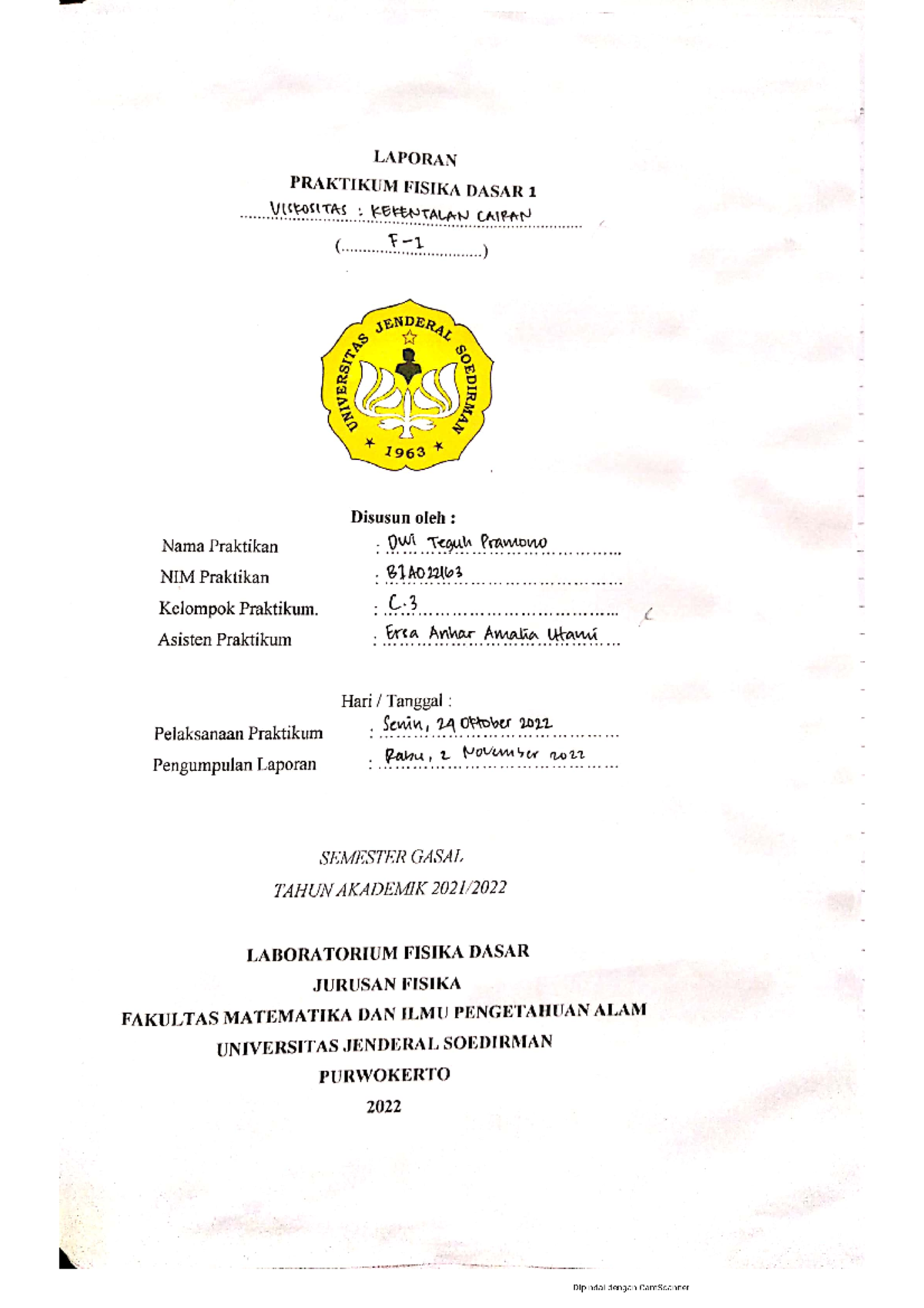 Laprak DWI Teguh Pramono B1A022163 (F-1) C3 - Fisika - UNSOED - Studocu
