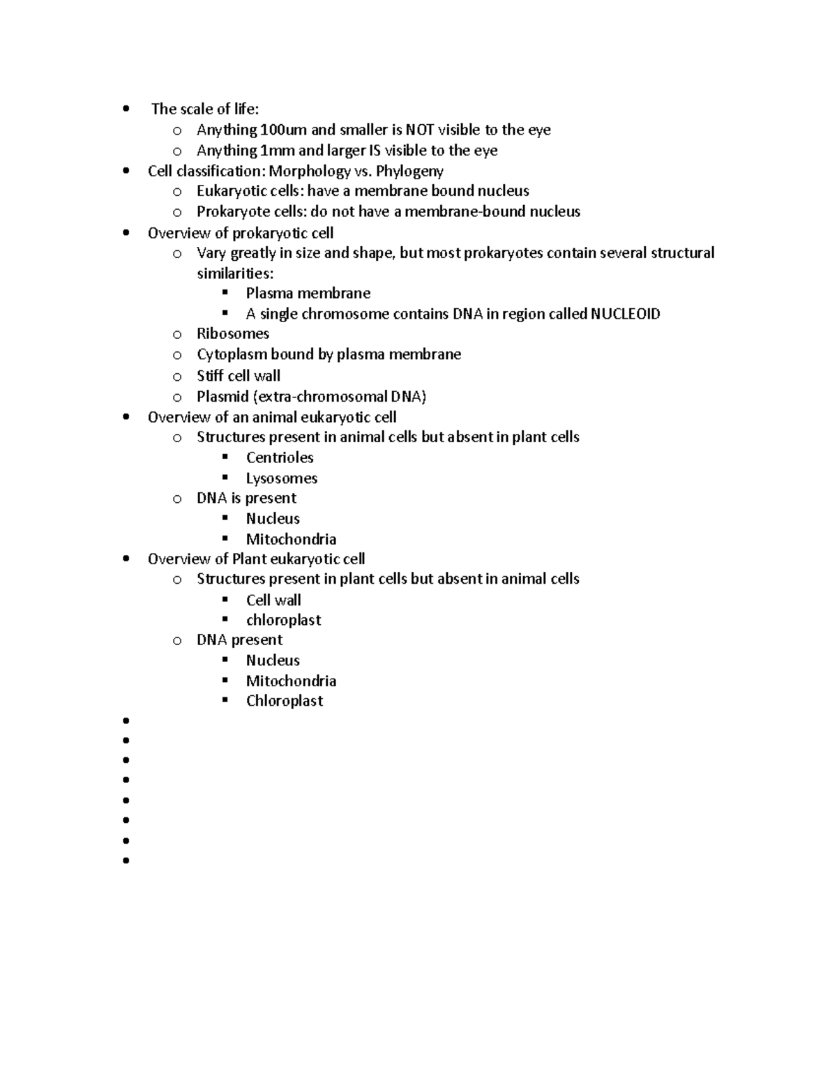 Bio 211-chapter 7-inside the cell - The scale of life: o Anything 100um ...