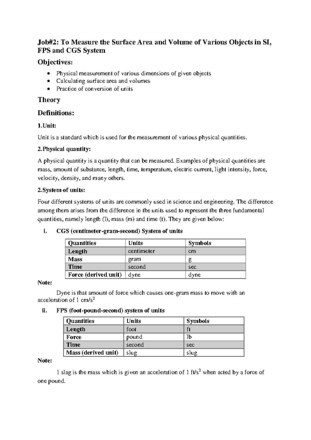 Unit conversion - Job#2: To Measure the Surface Area and Volume of Various Objects in SI, FPS ...