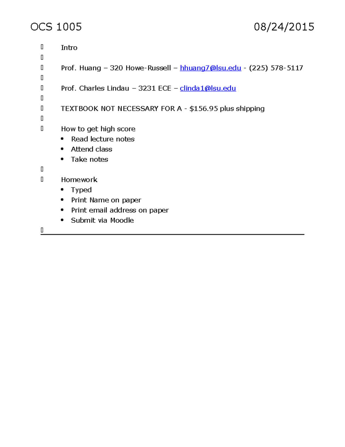 OCS 1005 Notes - OCS 1005 08/24/2015 Intro Prof. Huang – 320 Howe ...