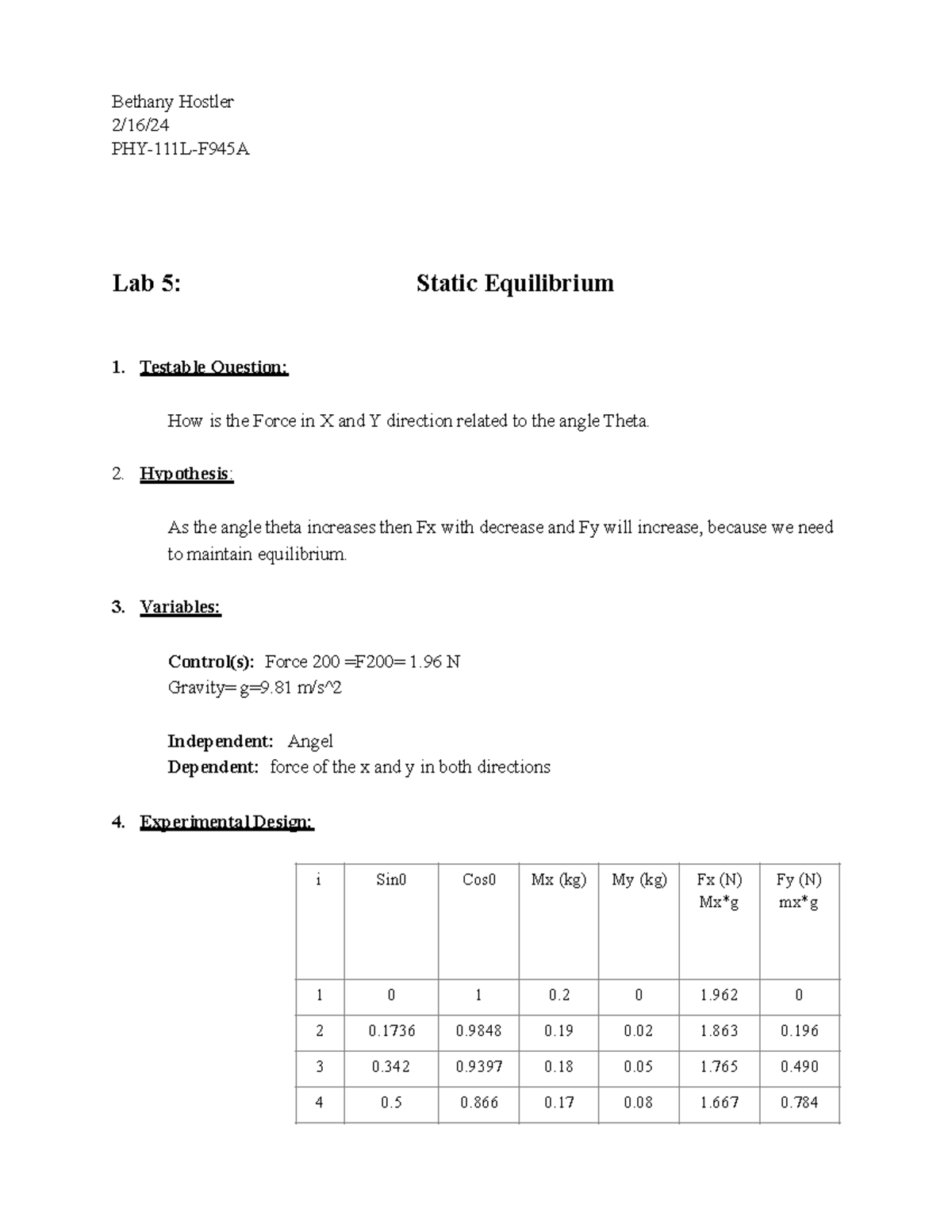 PHY111L Lab 5 Static equilibrium 3 - Bethany Hostler 2/16/ PHY-111L ...