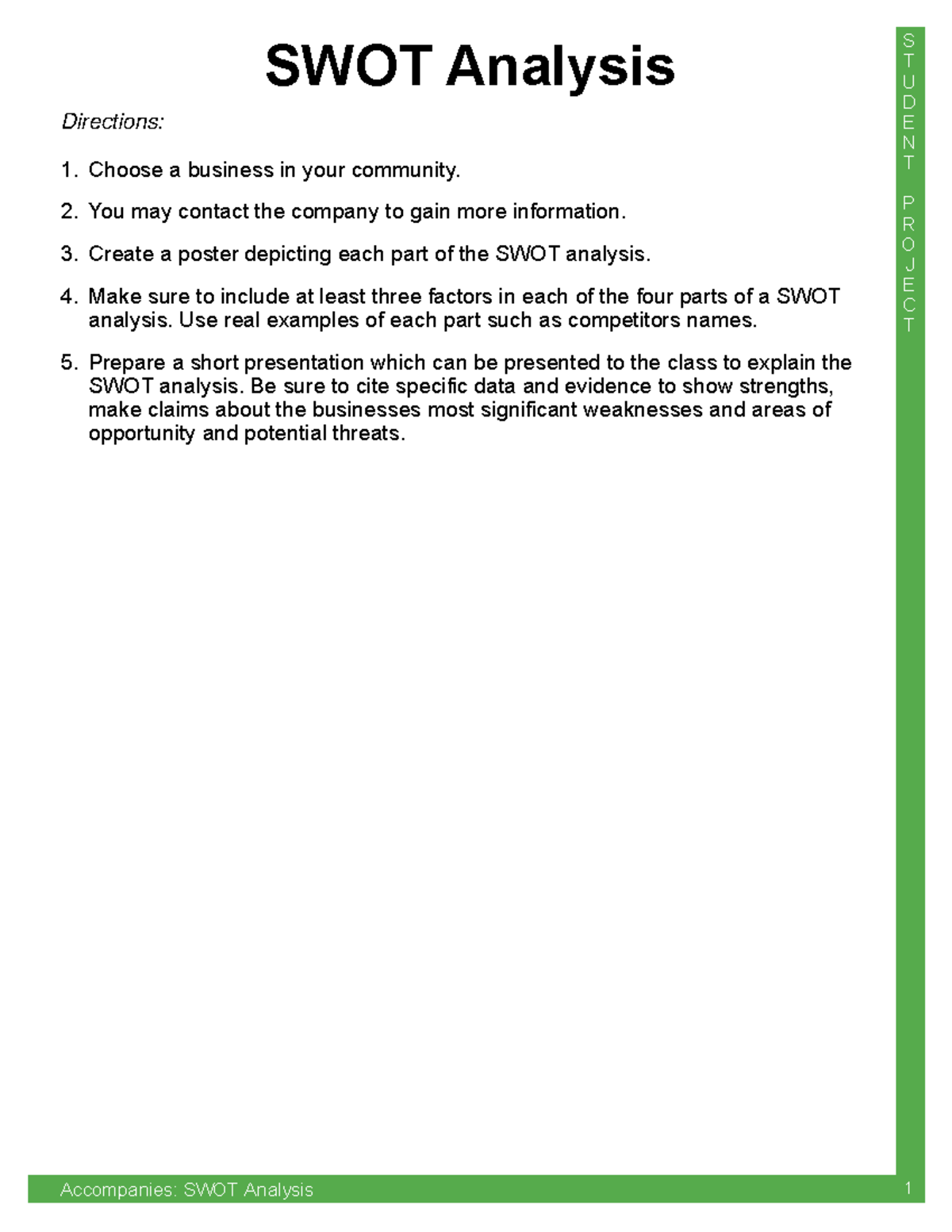 Project - SWOT Analysis - S T U D E N T P R O J E C T Accompanies: SWOT ...