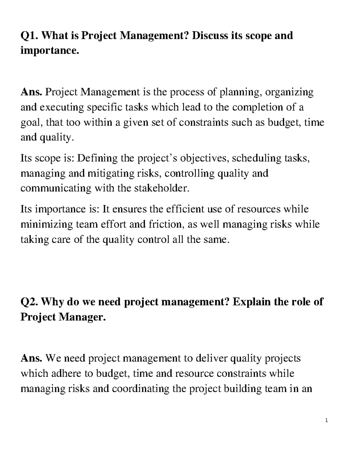 Project Management Assignment Notes - Q1. What is Project Management ...