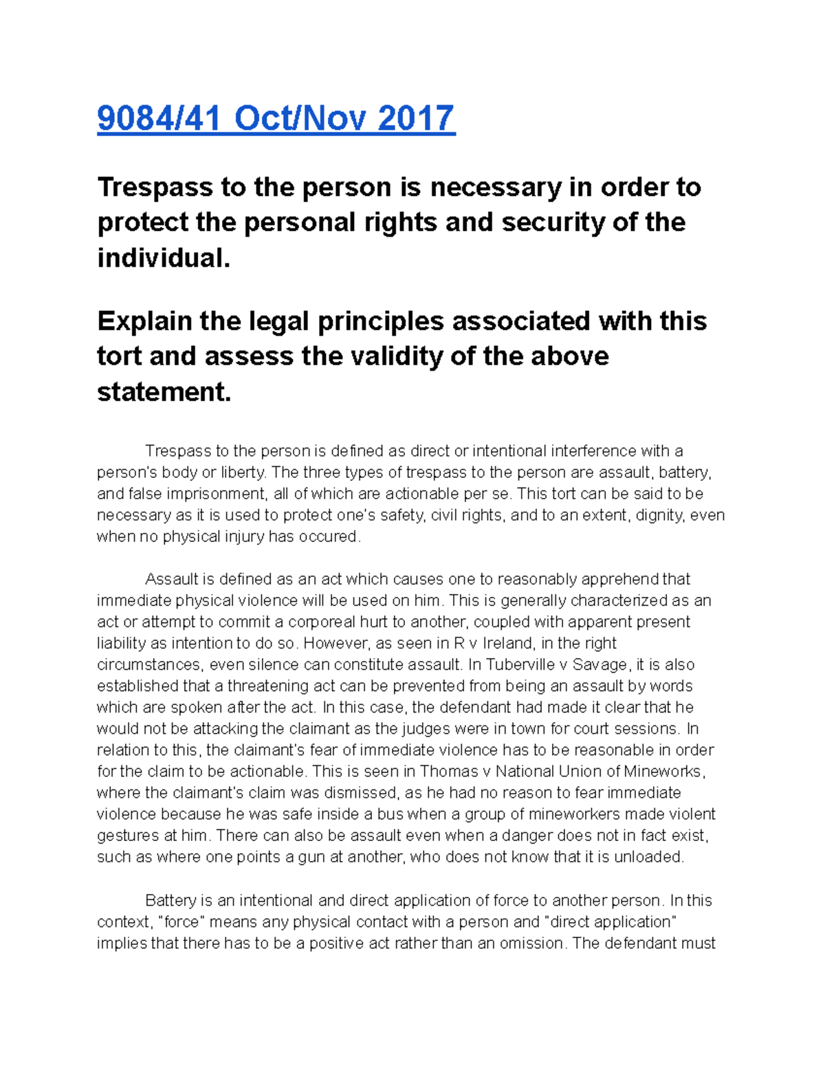 Trespass to the Person - 9084/41 Oct/Nov 2017 Trespass to the person is ...