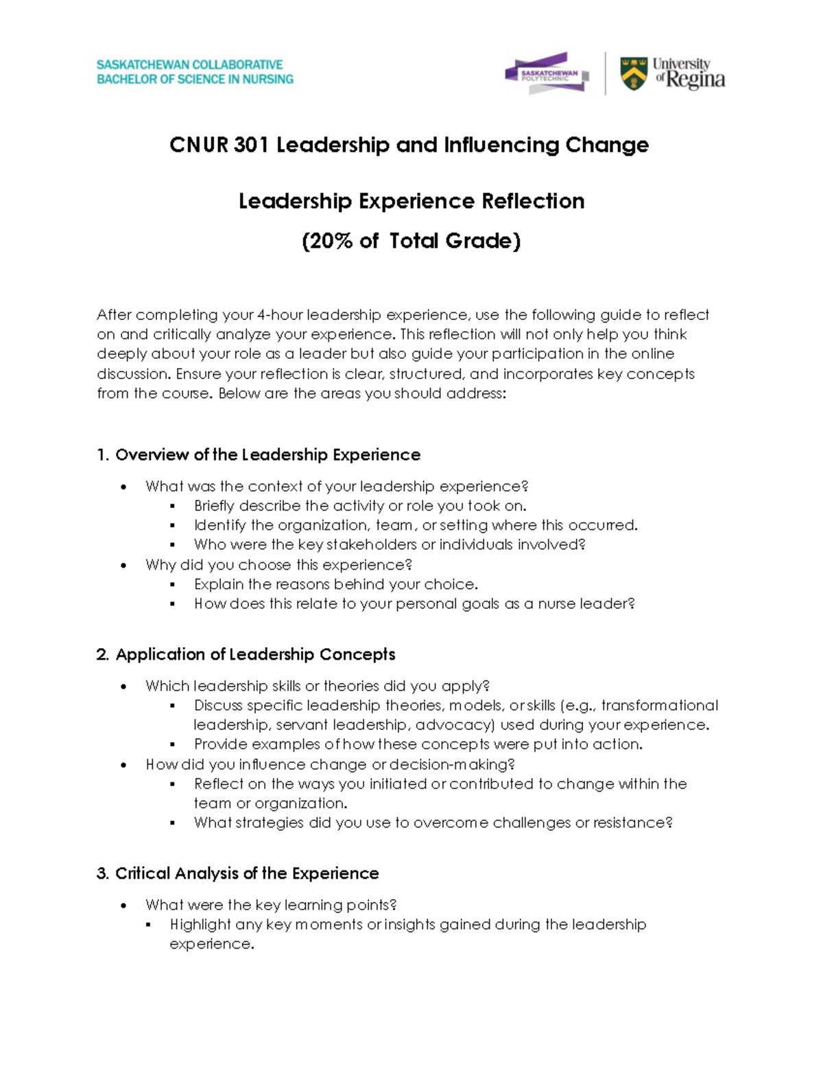 Leadership Experience Reflection - CNUR 301 Leadership and Influencing ...