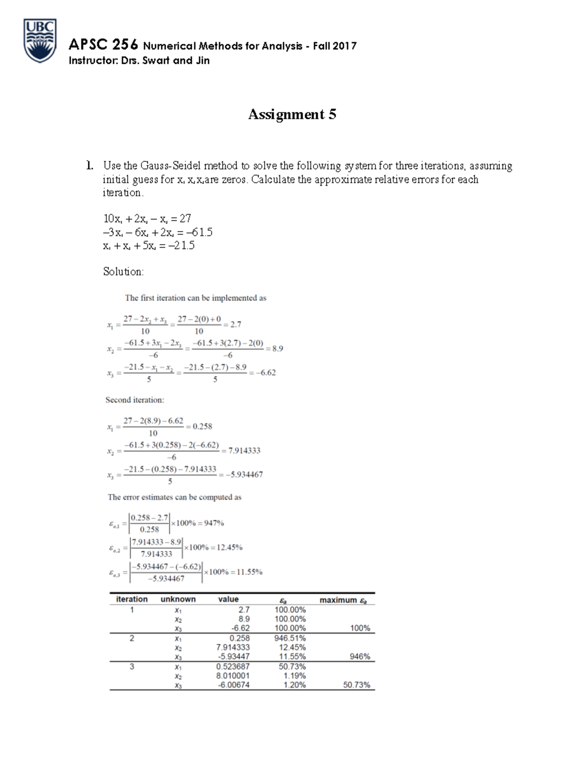 APSC256-Solution to Assignment 5 - APSC 256 Numerical Methods for Analysis - Fall 2017 ...
