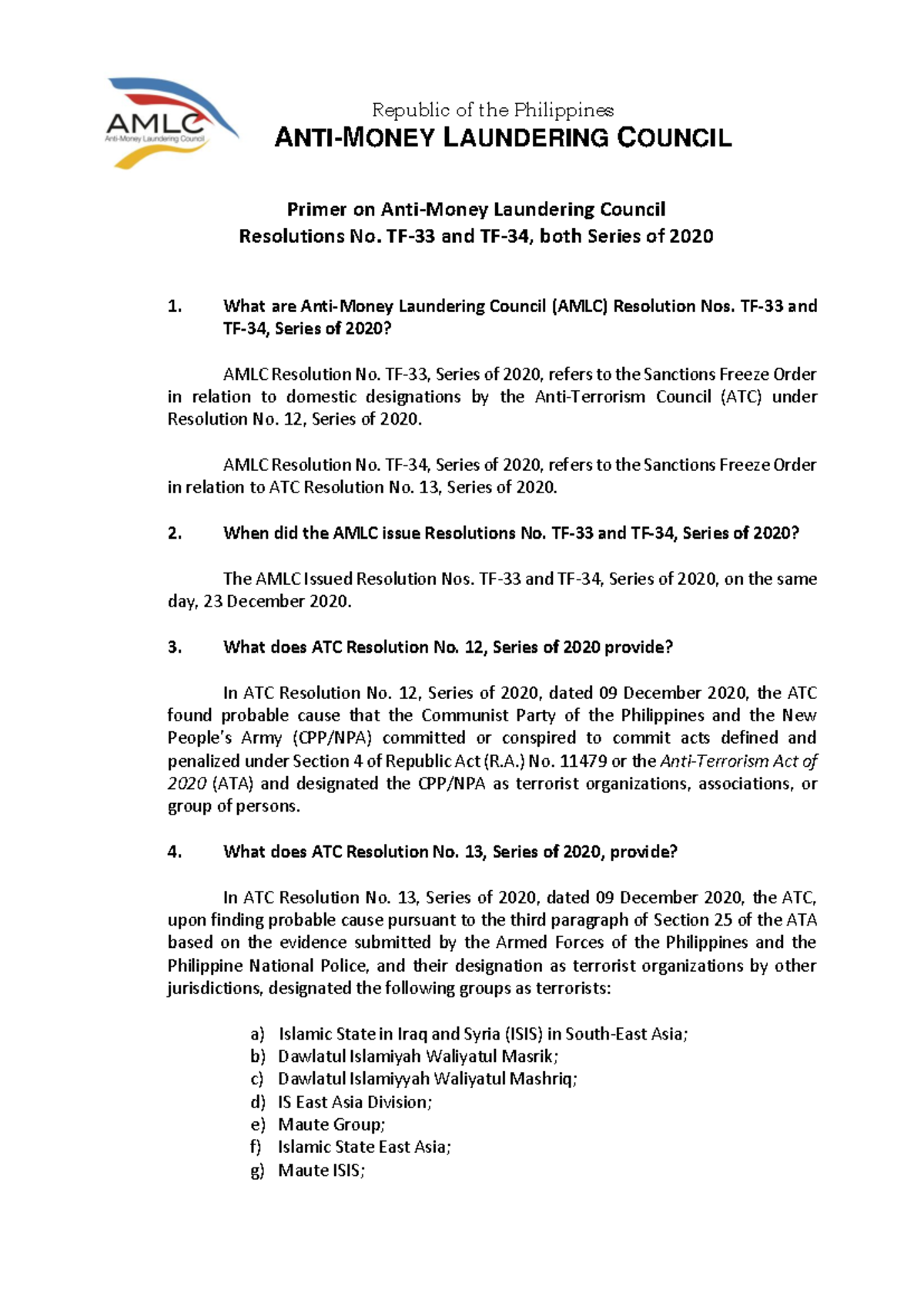 [Final] Primer on AMLC Resolution Nos. TF-33 and TF-34 - Republic of ...