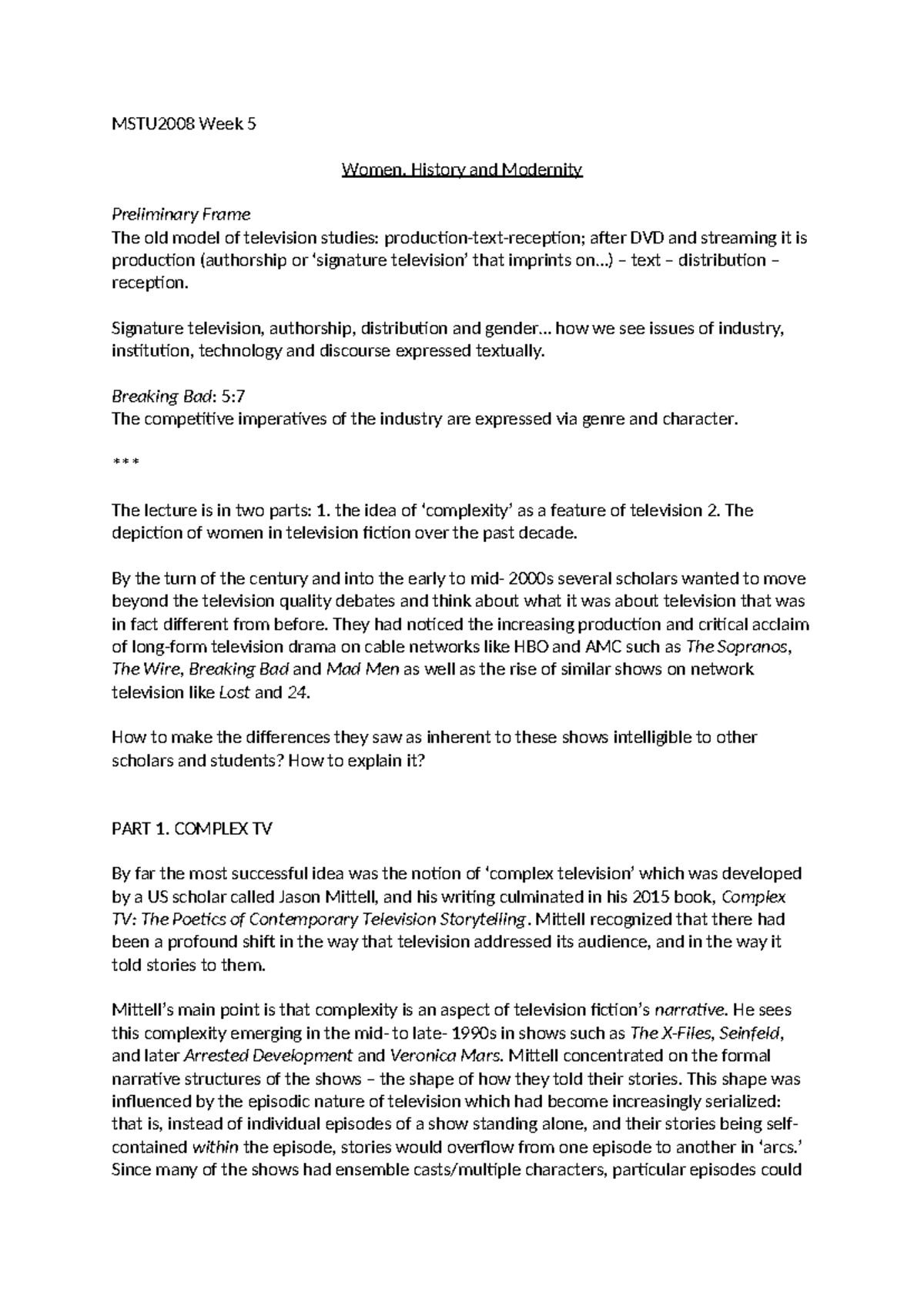 Week 5 Lecture Notes - MSTU2008 Week 5 Women, History and Modernity ...