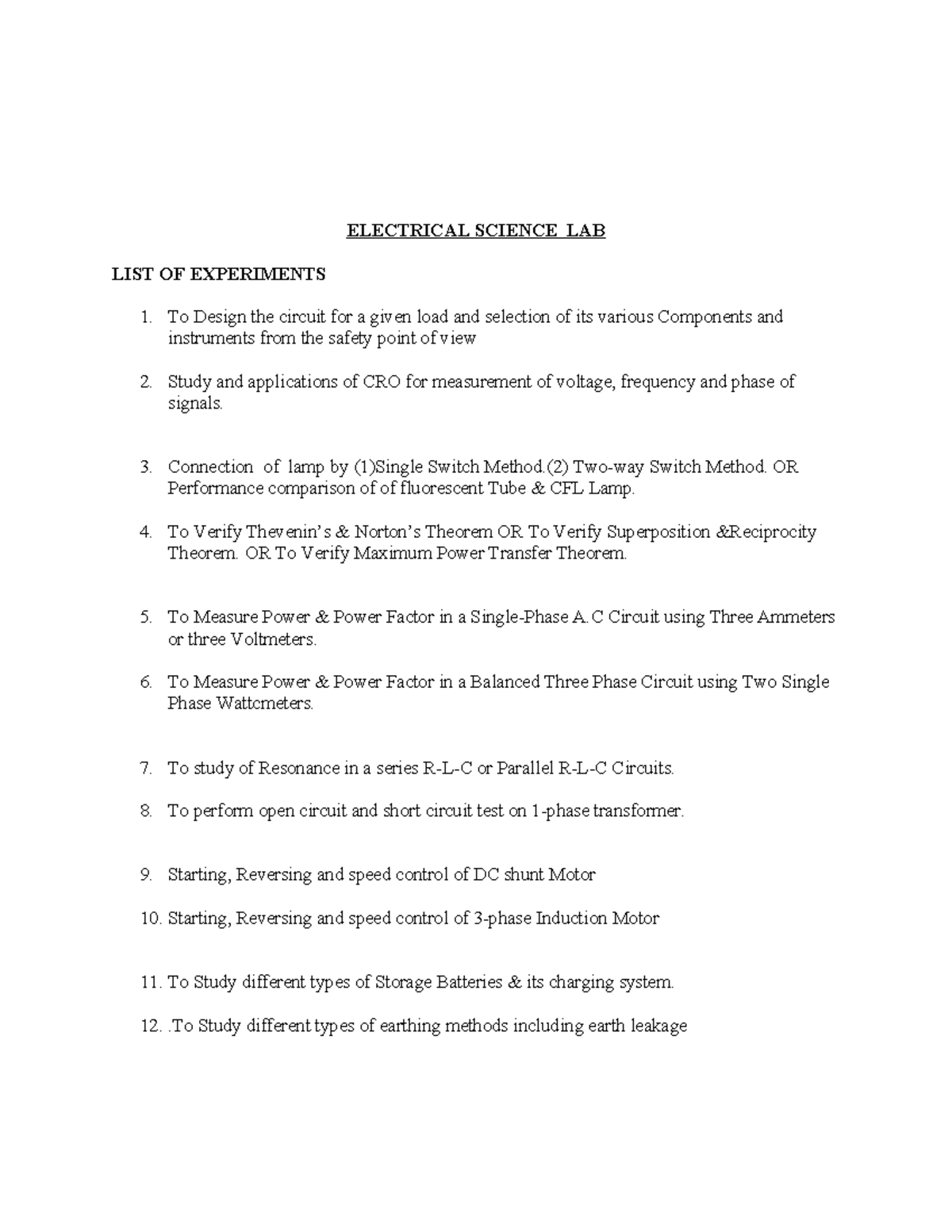 Electrical 1 - Viva - ELECTRICAL SCIENCE LAB LIST OF EXPERIMENTS To Design the circuit for a ...