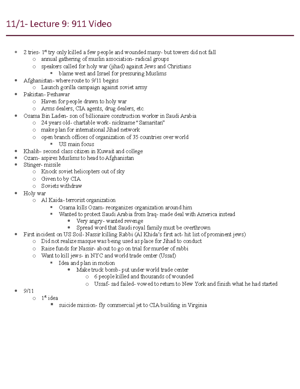 11:1-Lecture 9- 9:11 - Lecture notes 9 - 11/1- Lecture 9: 911 Video 2 ...