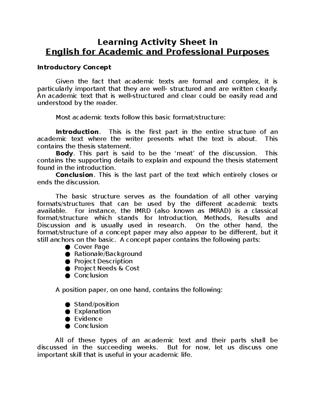 LAS EAPP Weeks-2-3 - Learn - Learning Activity Sheet in English for Academic and Professional ...