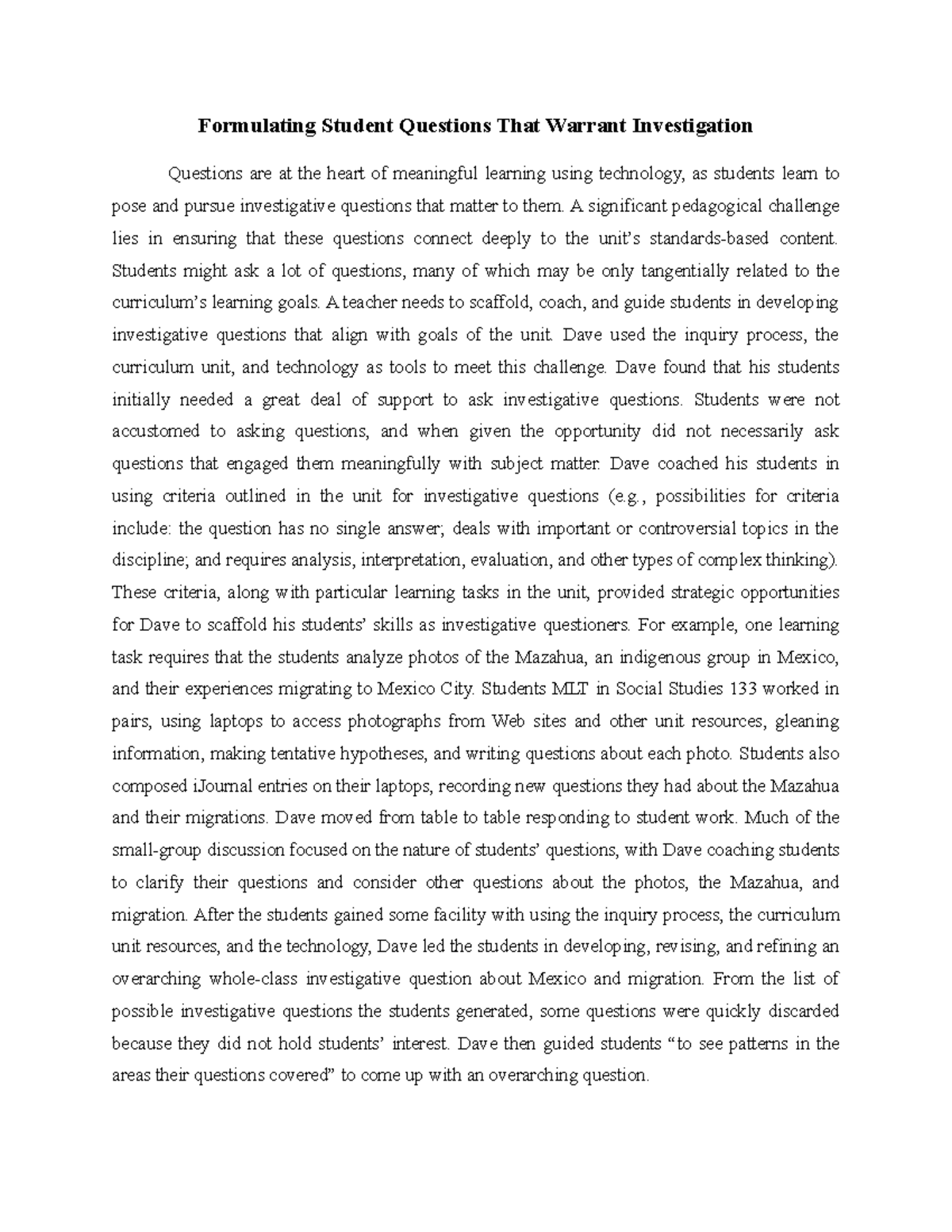 Formulating Student Questions That Warrant Investigation - A ...