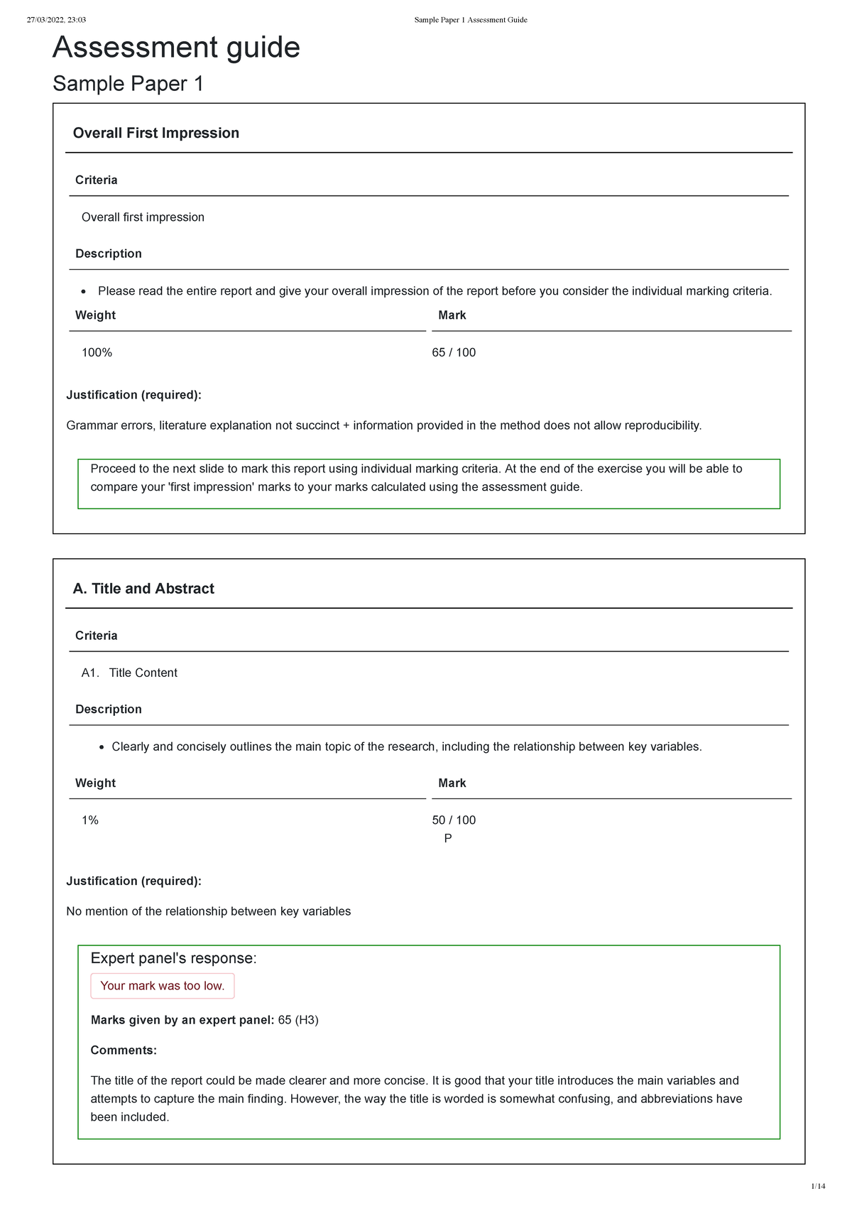 Sample Paper 1 Assessment Guide, considering different marking schemes ...