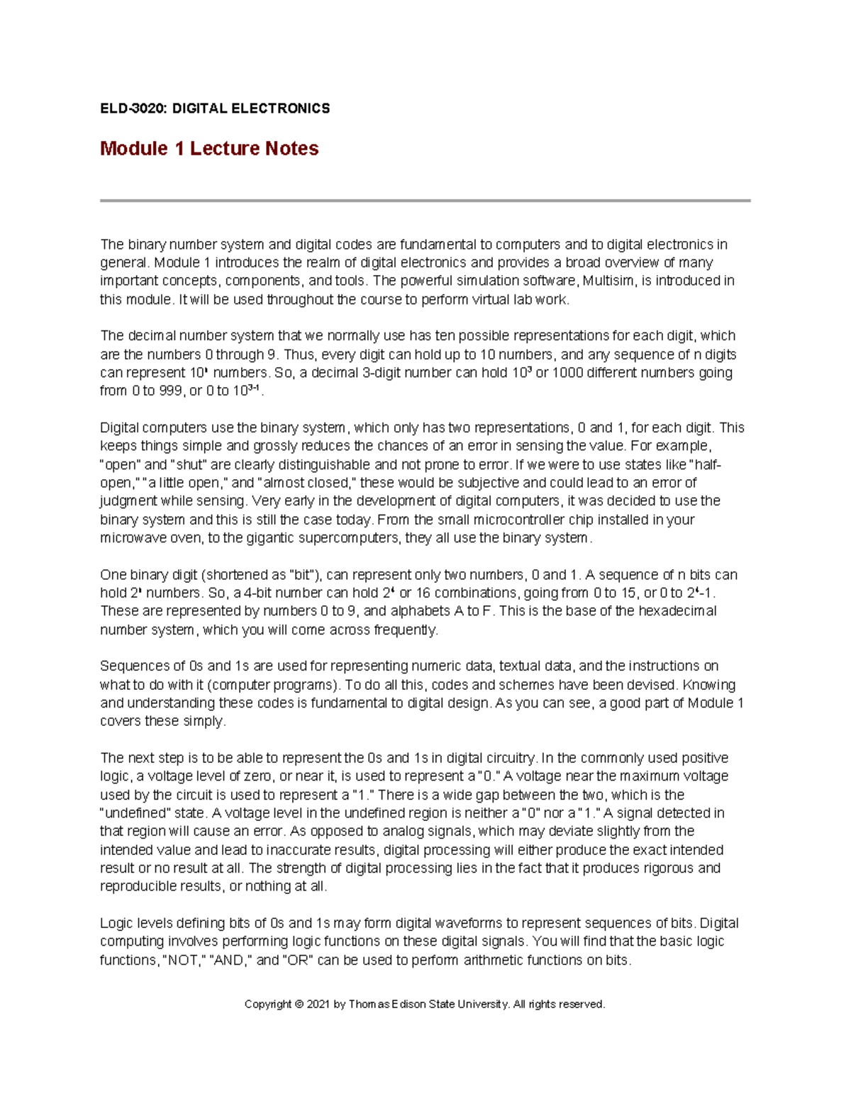 Lecture notes module 1 ELD-3020-aug21 - ELD-3020: DIGITAL ELECTRONICS ...